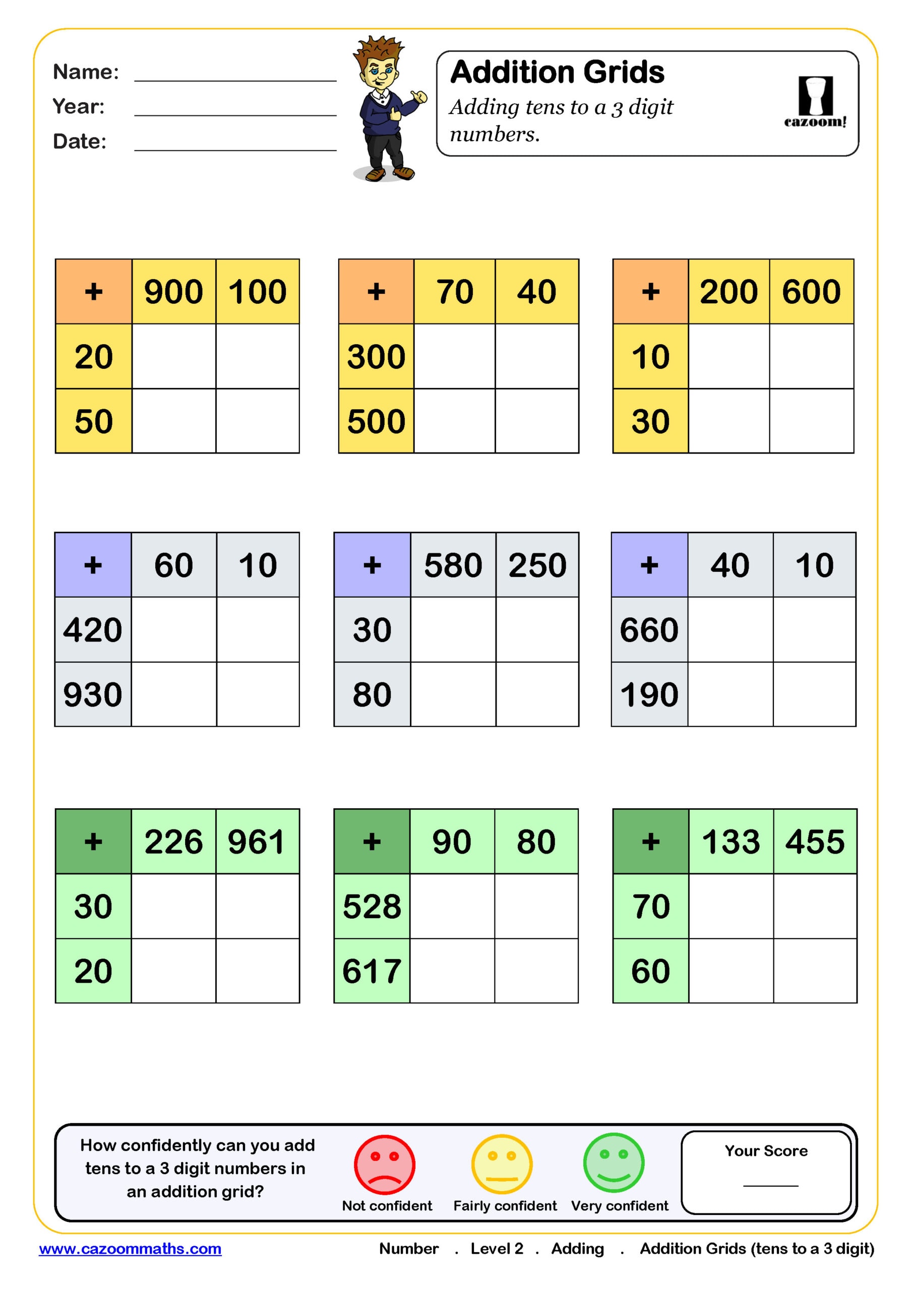 Addition grids Worksheet (adding tens to 3 digit numbers) | Fun and Engaging Year 3 PDF Worksheets