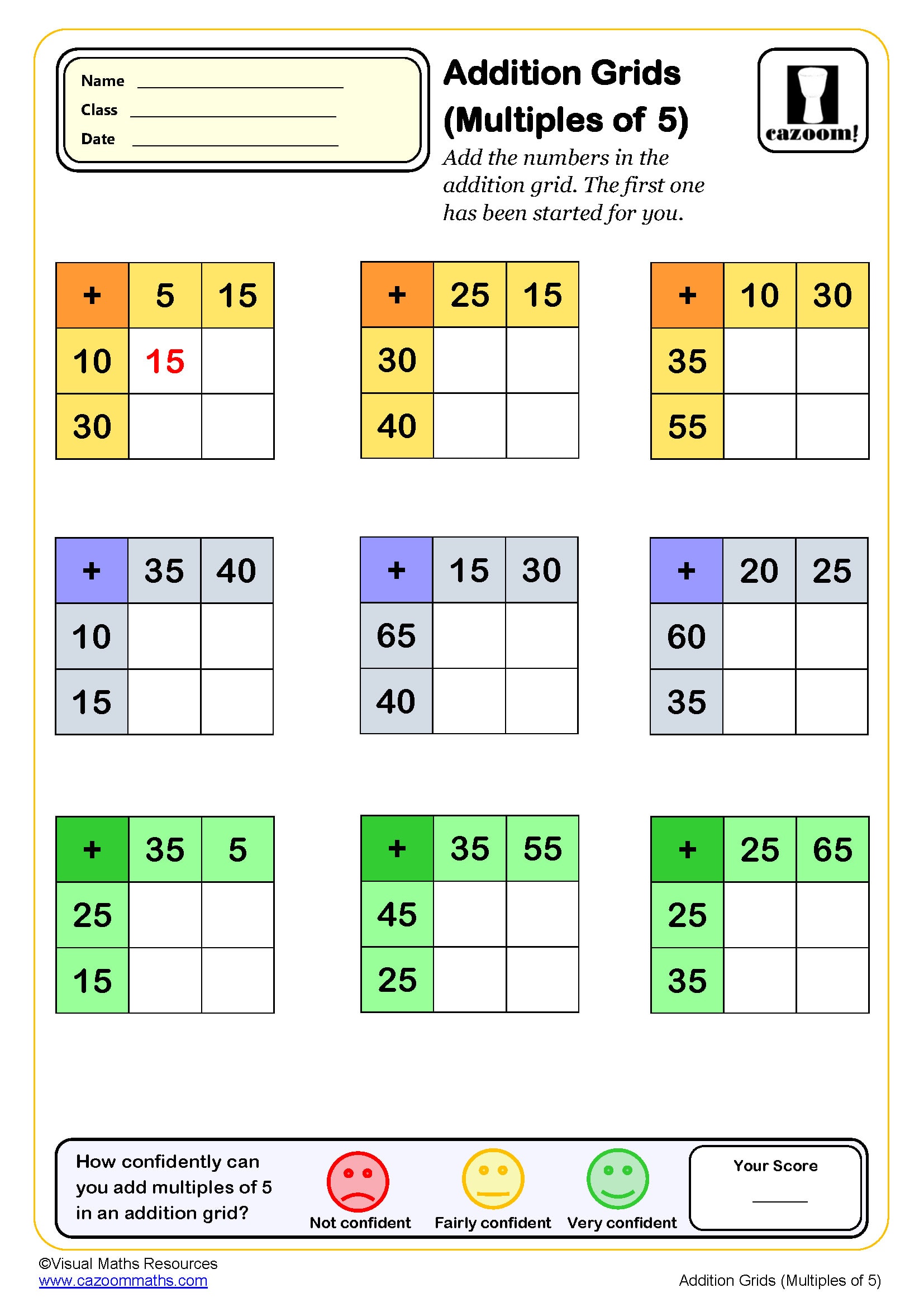 Addition Grids Worksheet (Mulitples of 5) | Fun and Engaging Year 2 PDF ...