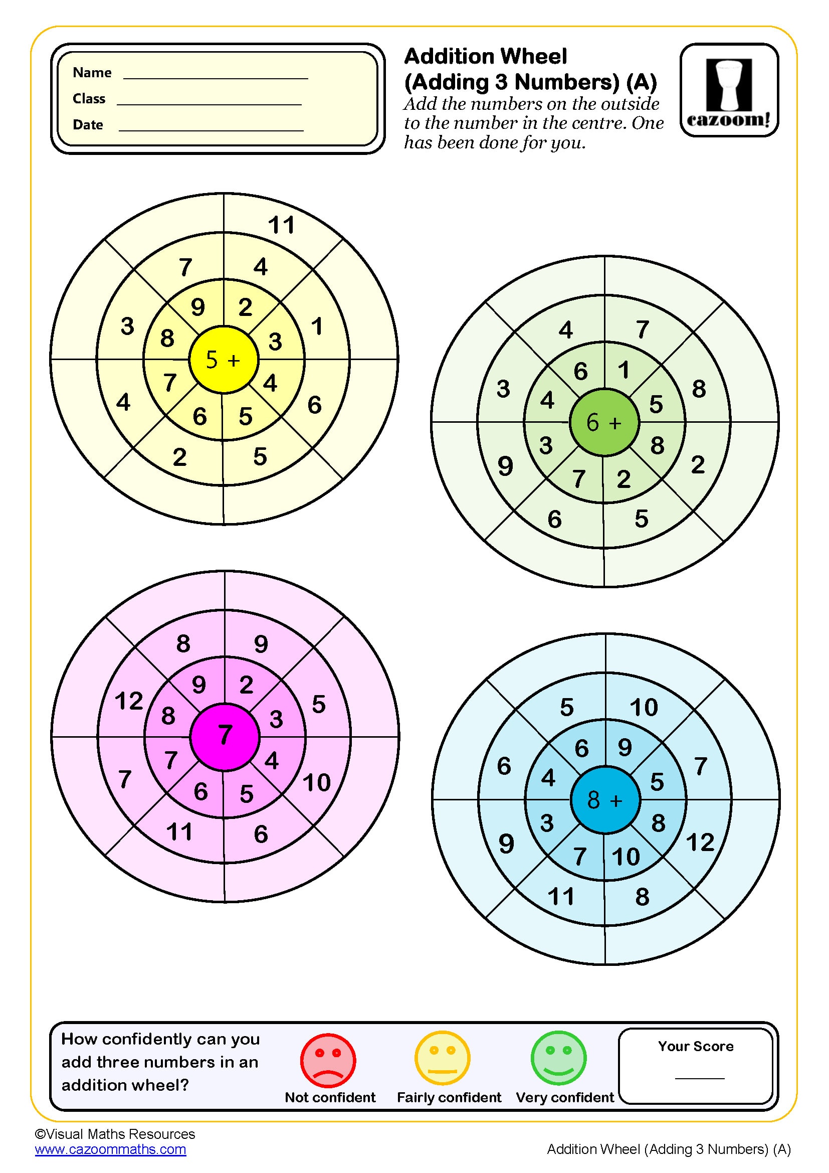 Addition Wheels adding three numbers Worksheet (A) | PDF printable ...