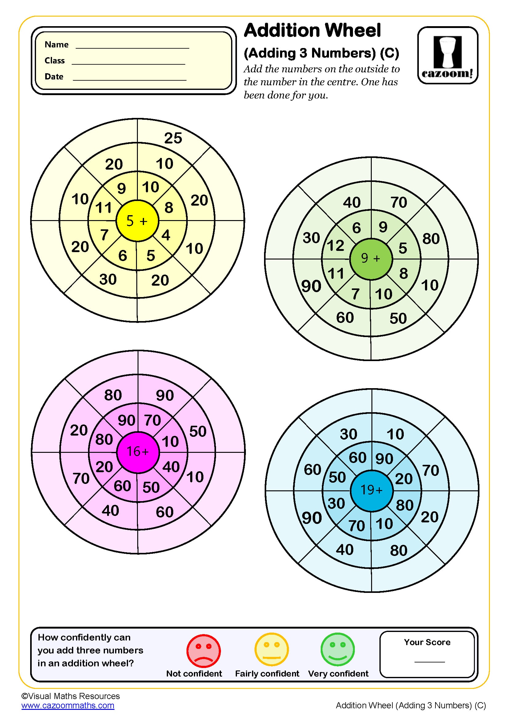 Addition Wheels adding three numbers Worksheet (C) | Key Stage 1 PDF ...