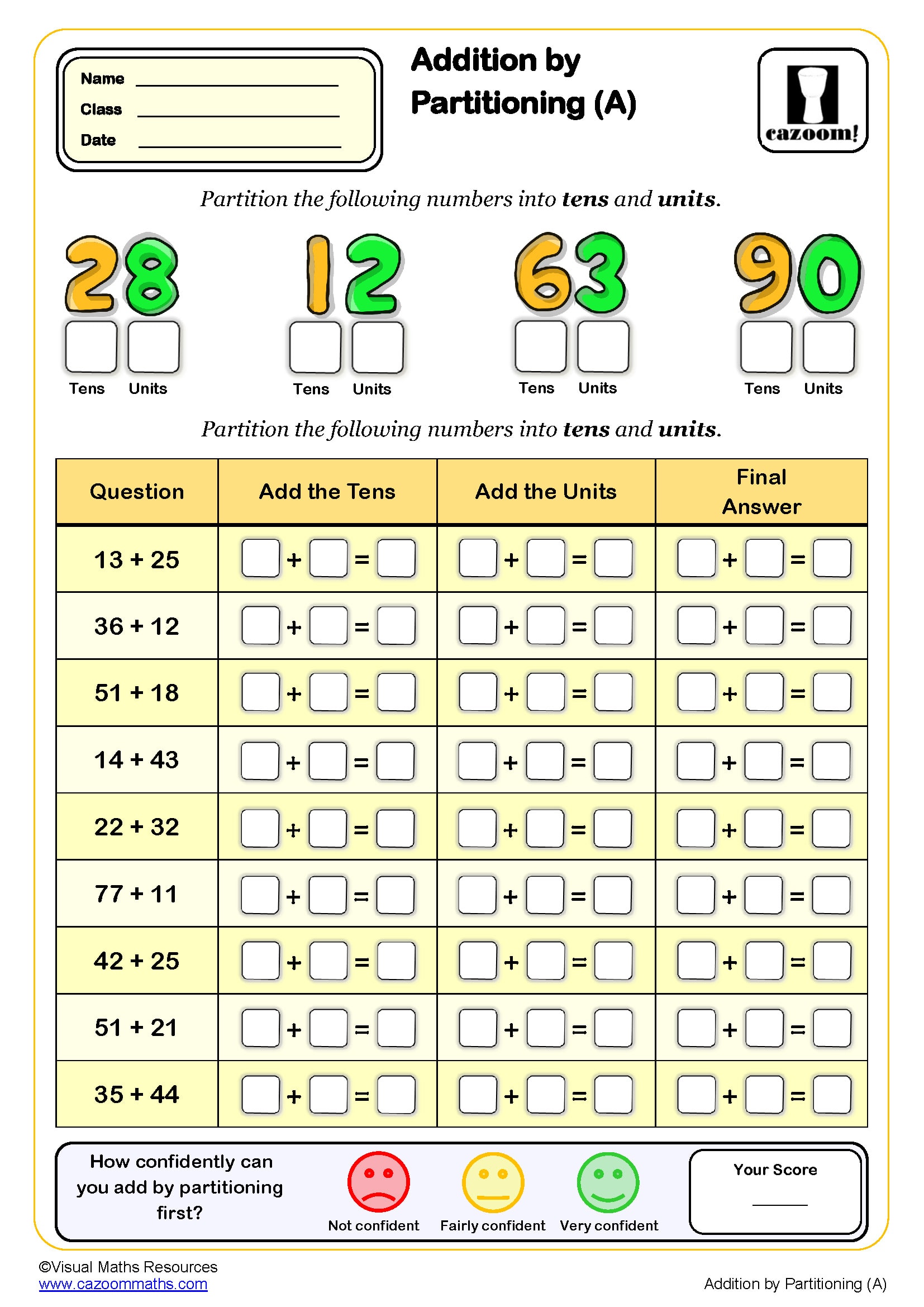 Addition by partitioning (A) Worksheet | PDF printable Addition Worksheets