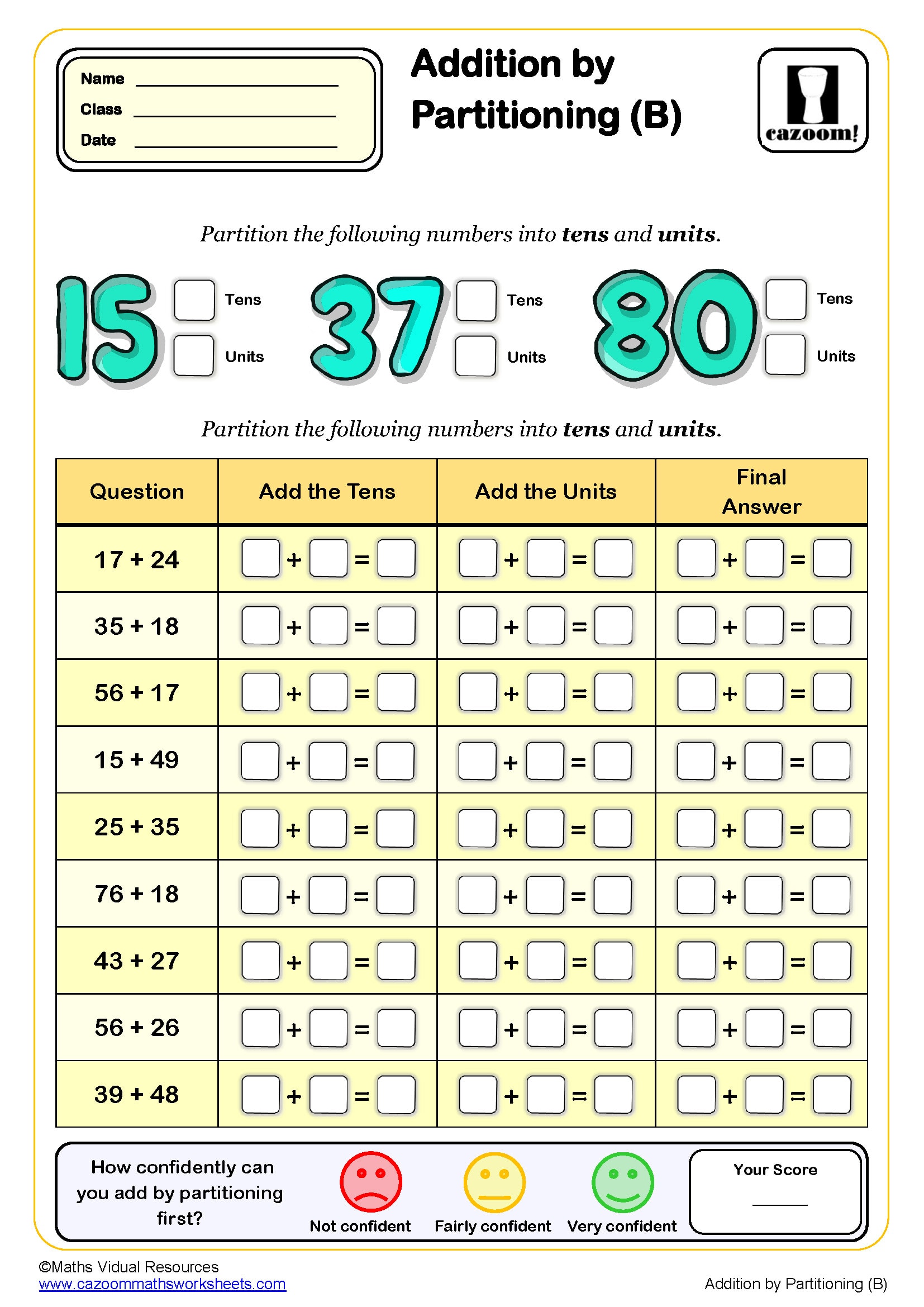 Addition by partitioning (A) Worksheet | PDF printable Addition Worksheets