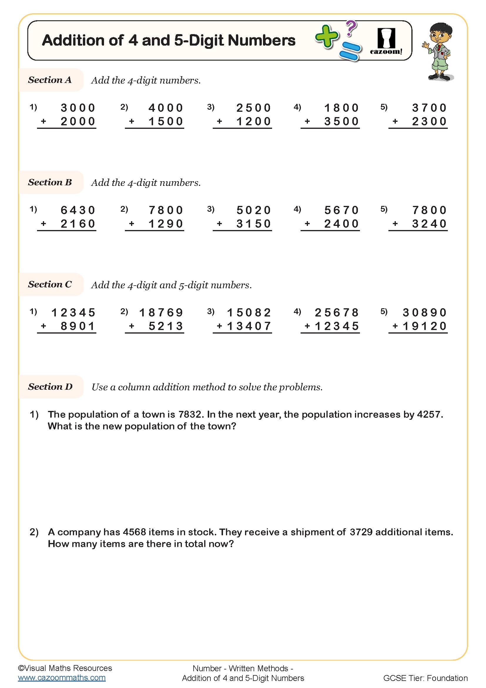 Addition of 4 and 5-digit Numbers Worksheet | Cazoom Maths Worksheets
