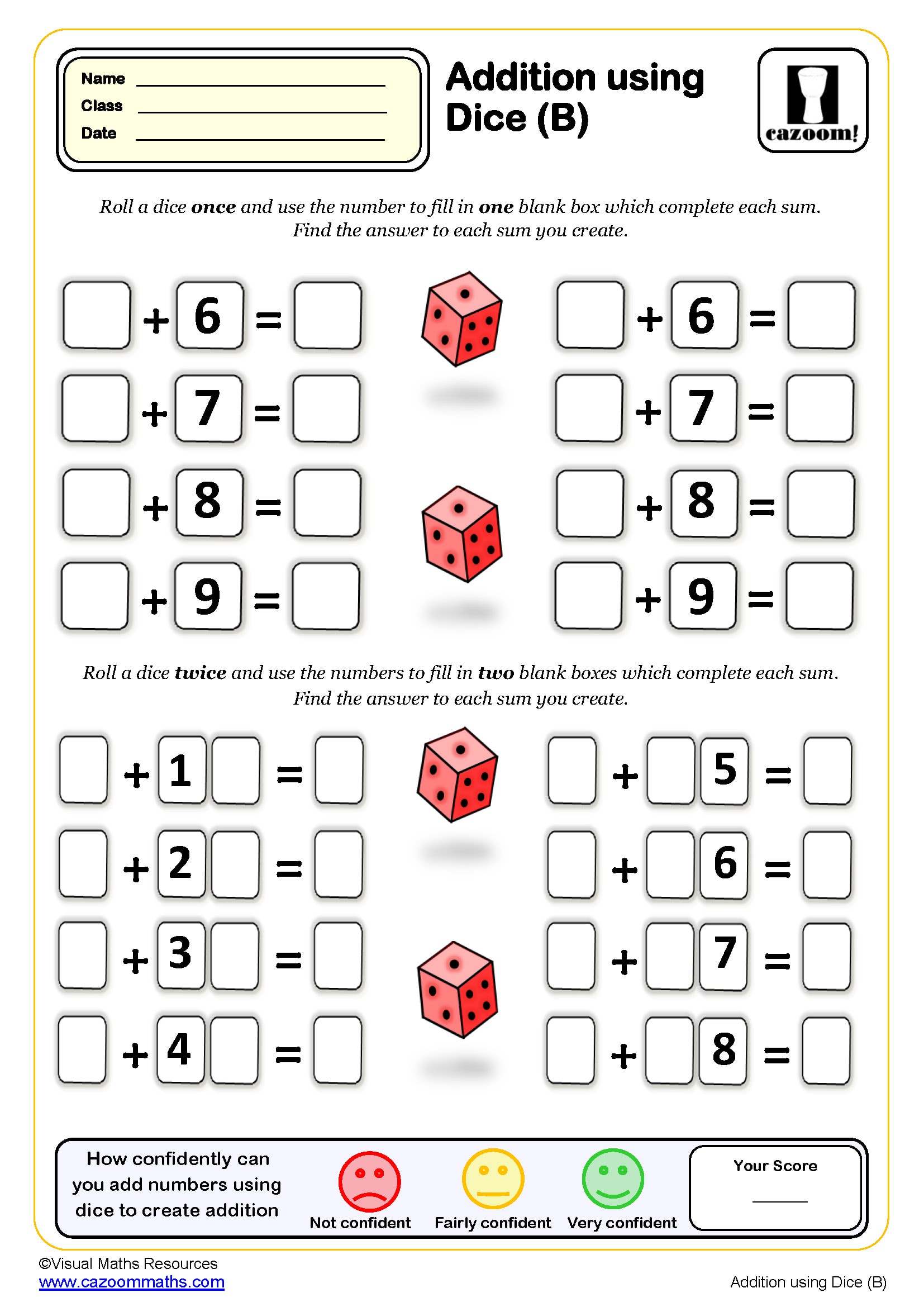 Addition Using Dice Worksheet (B) | Fun and Engaging Year 2 PDF Worksheets
