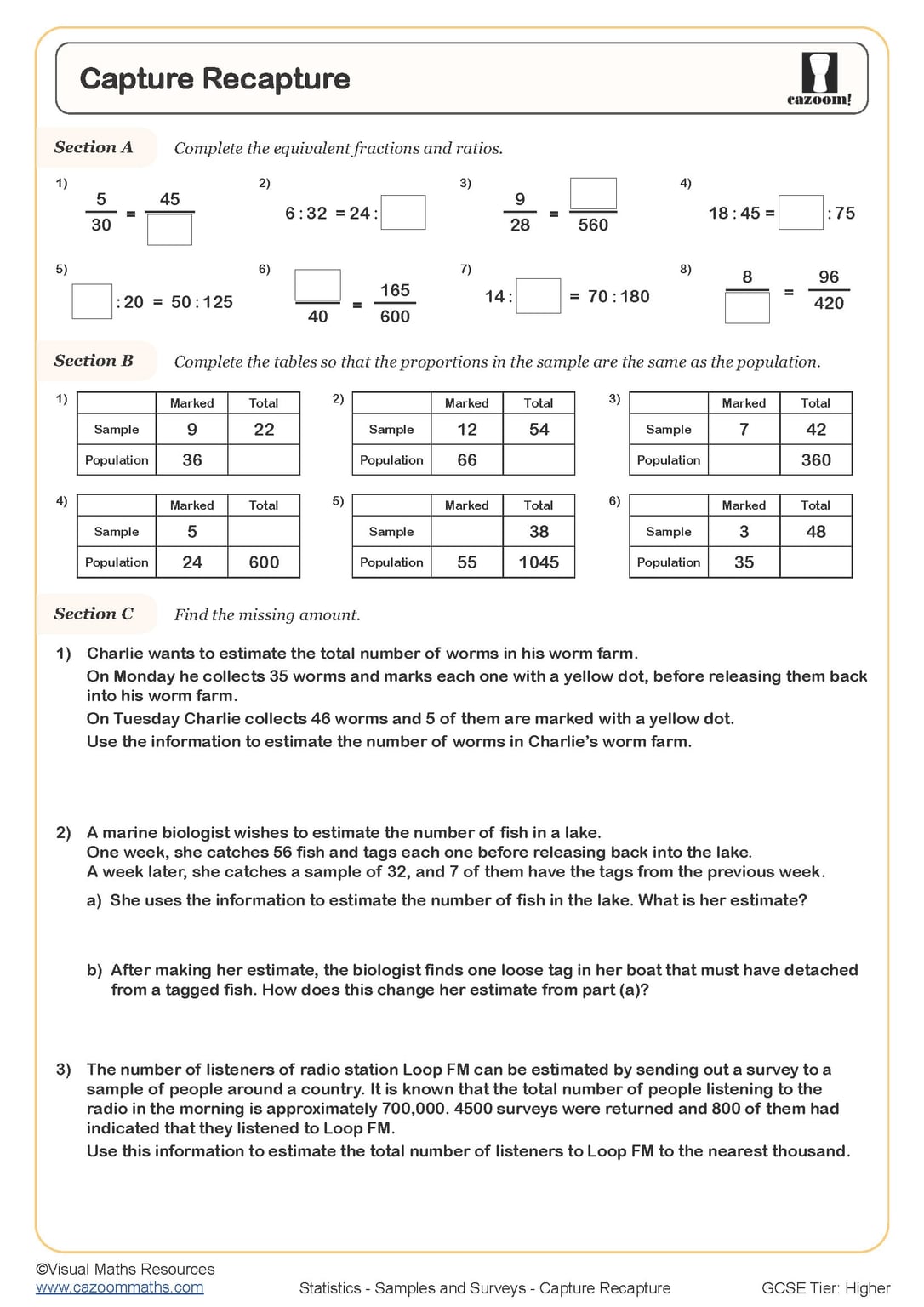 Capture Recapture Worksheet | Printable Maths Worksheets