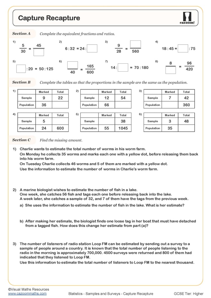 Capture Recapture Worksheet | Printable Maths Worksheets