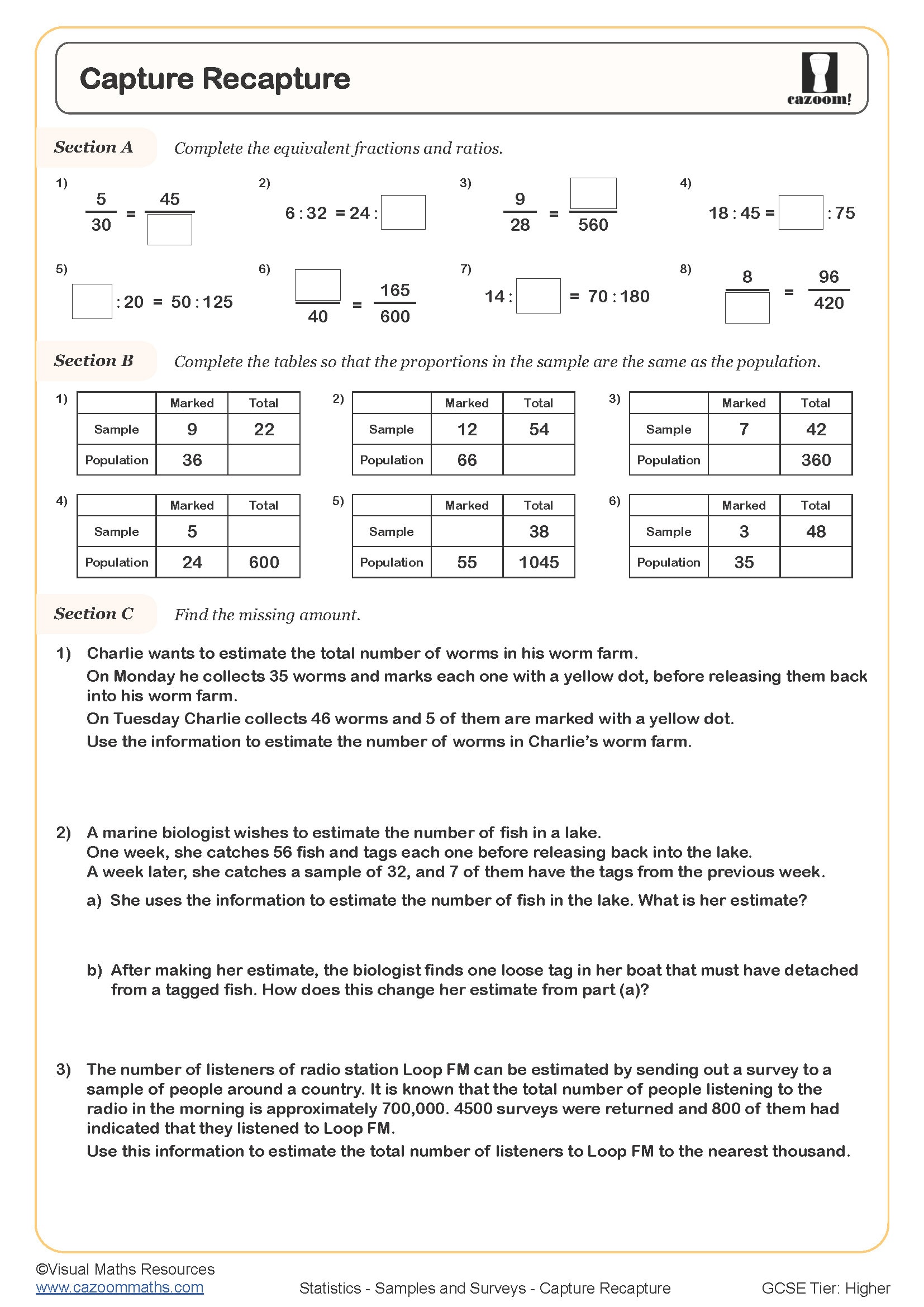 Capture Recapture Worksheet Printable Maths Worksheets