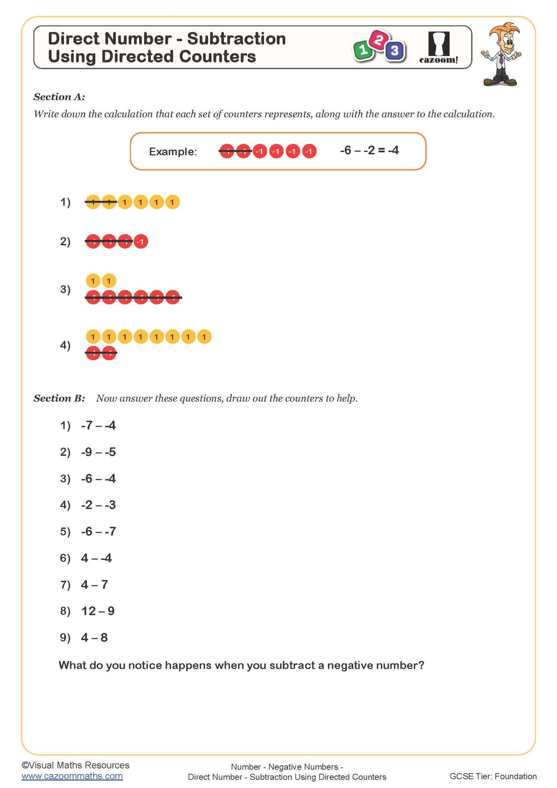 Directed Number - Subtraction Using Directed Counters Free Worksheet ...