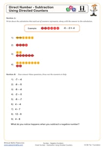 Directed Number - Subtraction Using Directed Counters Free Worksheet | Printable PDF Worksheets