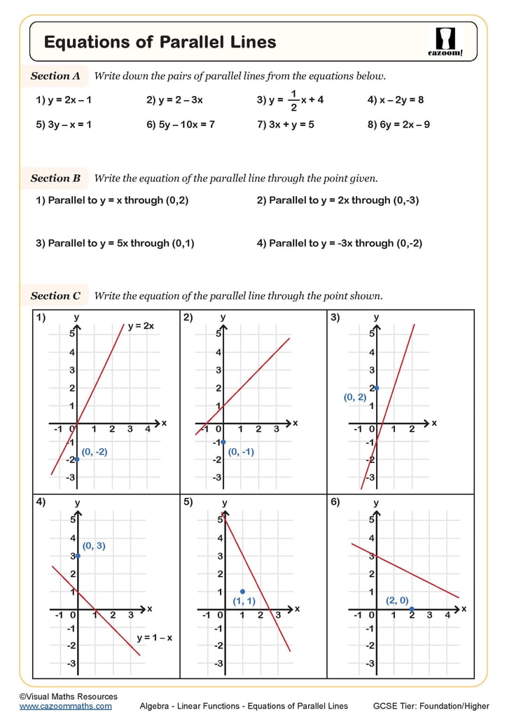 Equations of parallel lines Free Worksheet | Printable Maths Worksheets