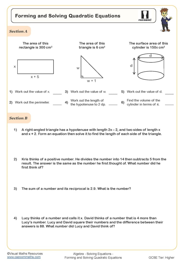Forming and Solving Quadratic Equations Free Worksheet | Fun and ...