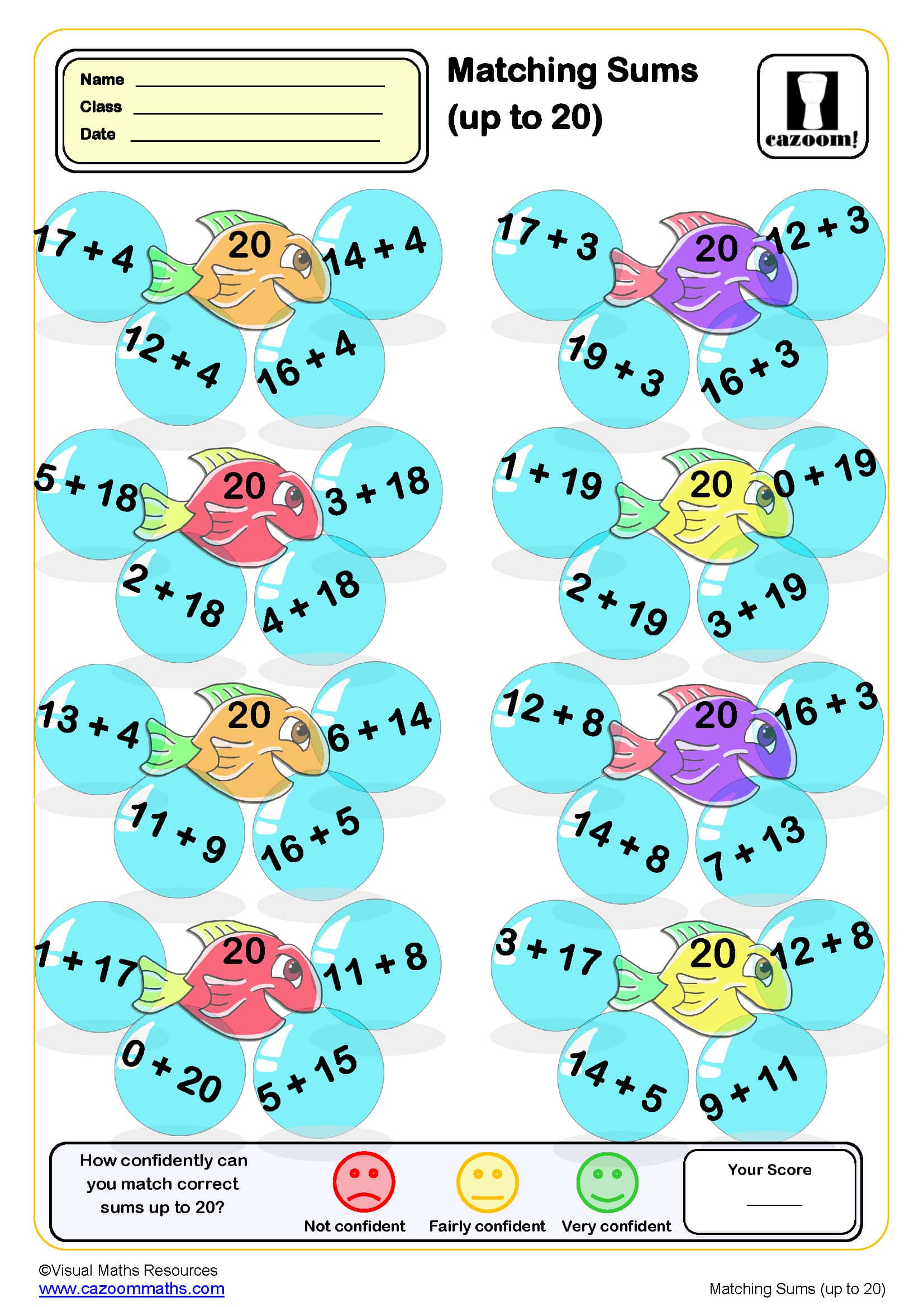 Matching sums Worksheet (20 only) | Key Stage 1 PDF Addition Worksheets
