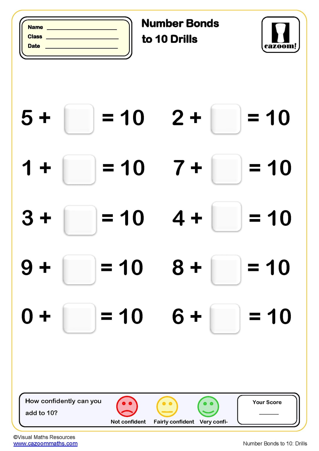 Number Bonds to 10 drills Worksheet (50 questions) | Key Stage 1 PDF ...