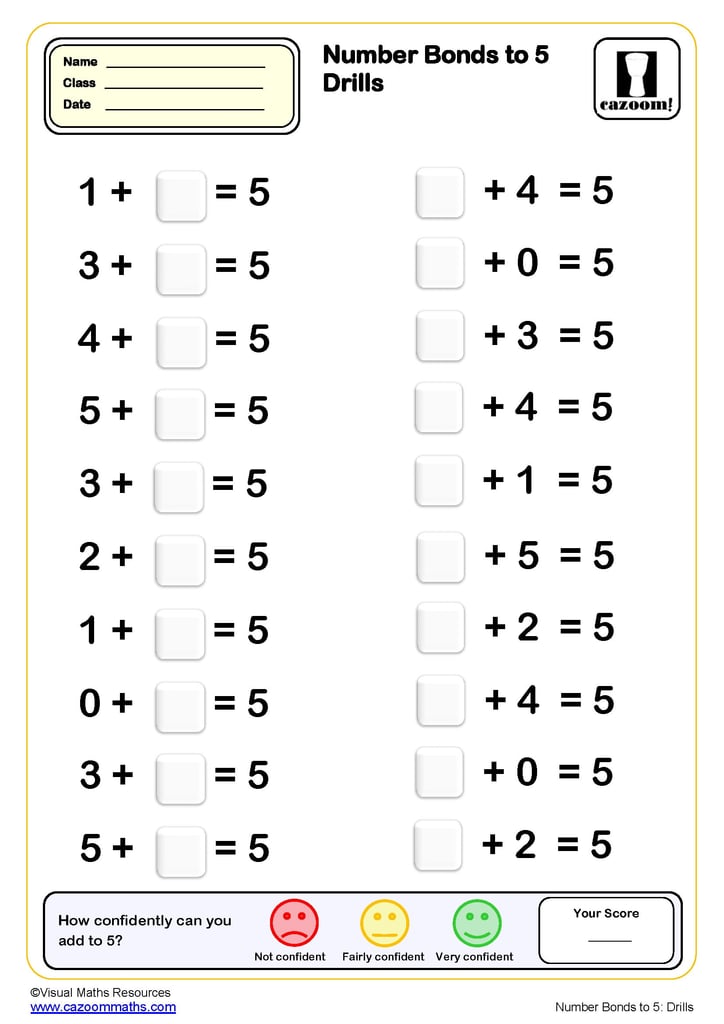 Number Bonds to 5 drills Worksheet (50 questions) | Key Stage 1 PDF ...