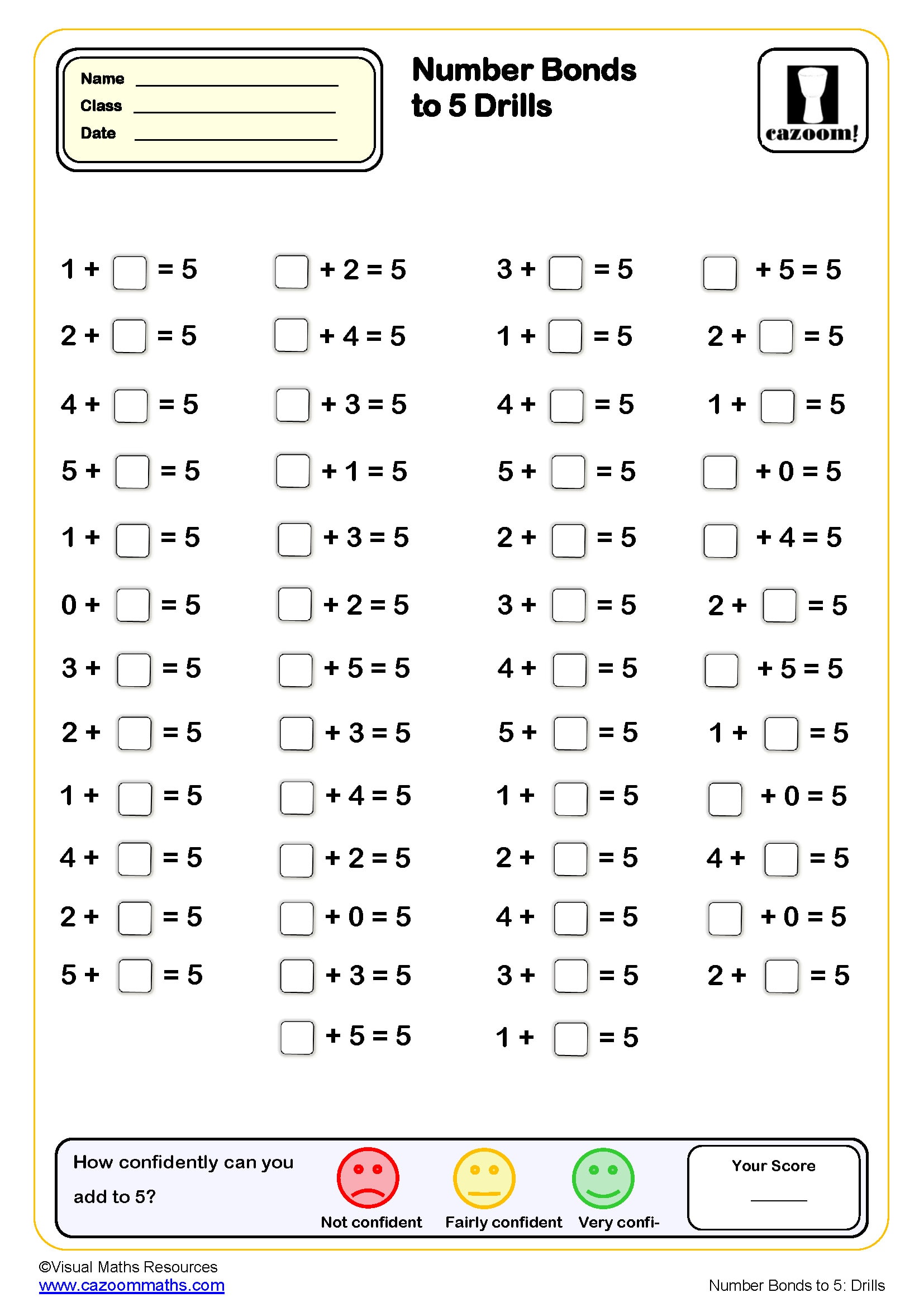 Number Bonds to 5 drills Worksheet (50 questions) | Key Stage 1 PDF ...