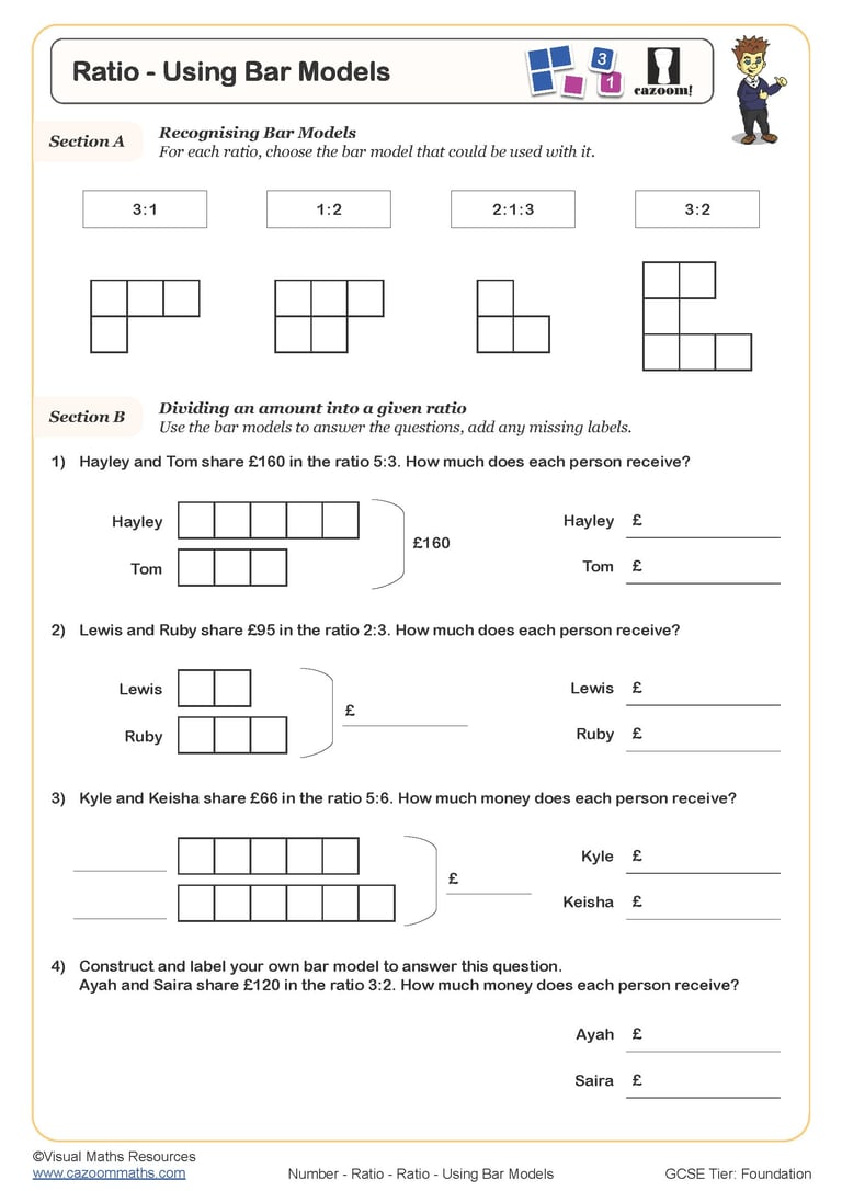 Ratio - Using Bar Models Free Worksheet | Printable Maths Worksheets