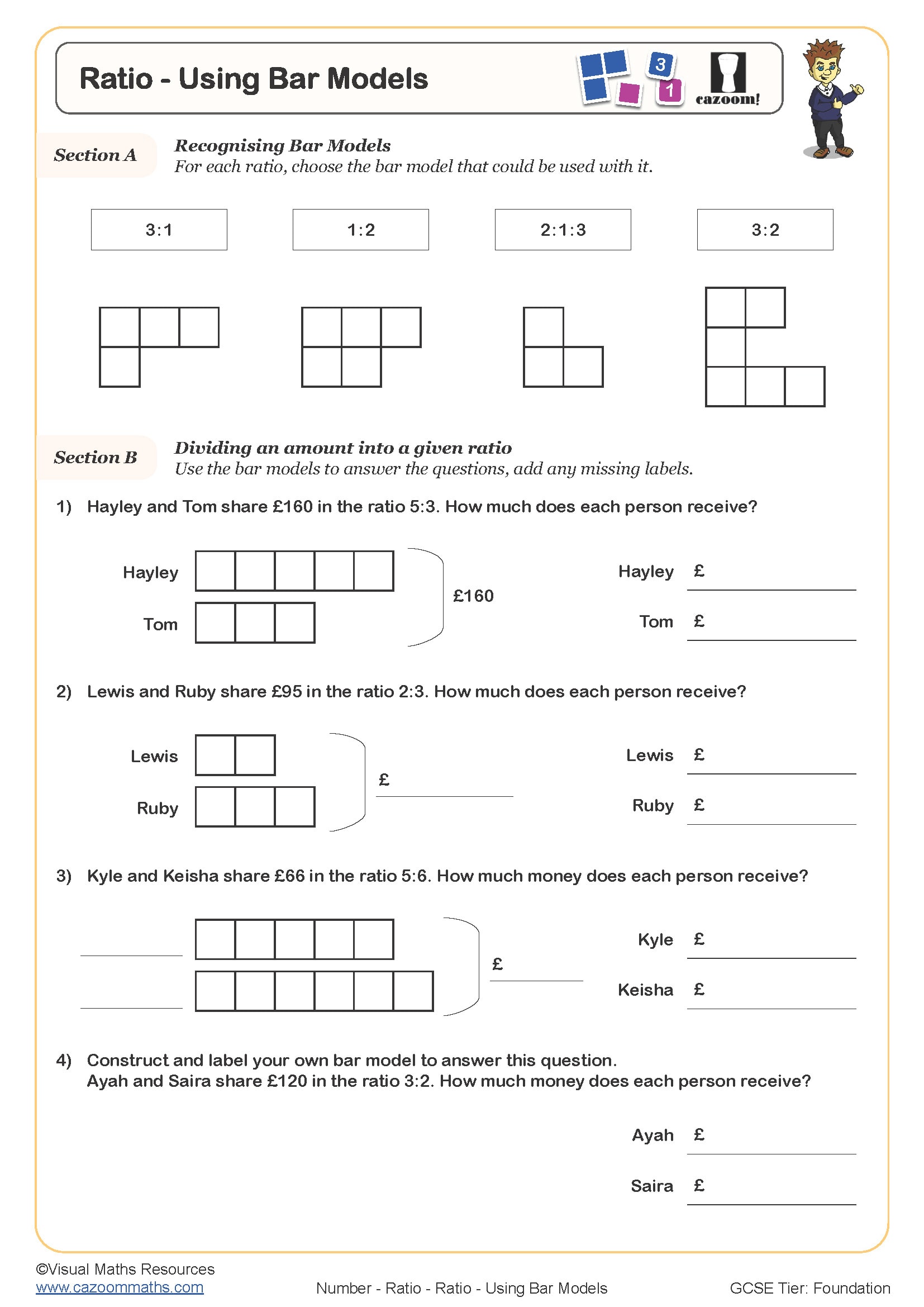 Ratio - Using Bar Models Free Worksheet | Printable Maths Worksheets