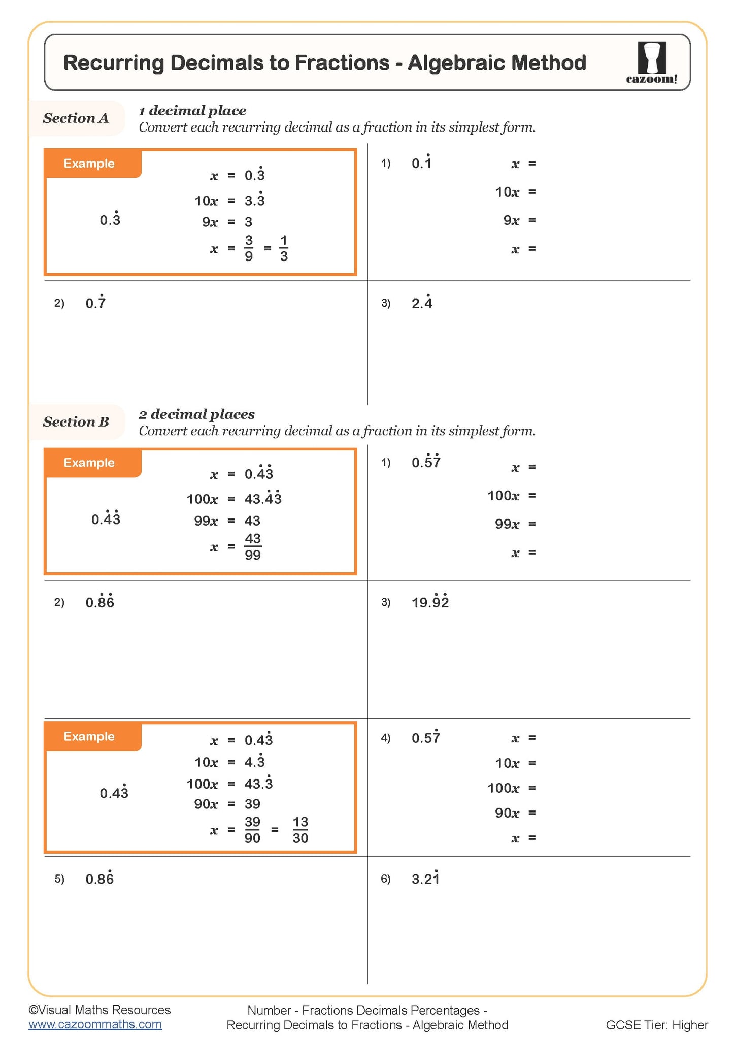 Recurring Decimals to Fractions - Algebraic Method Worksheet | Cazoom ...