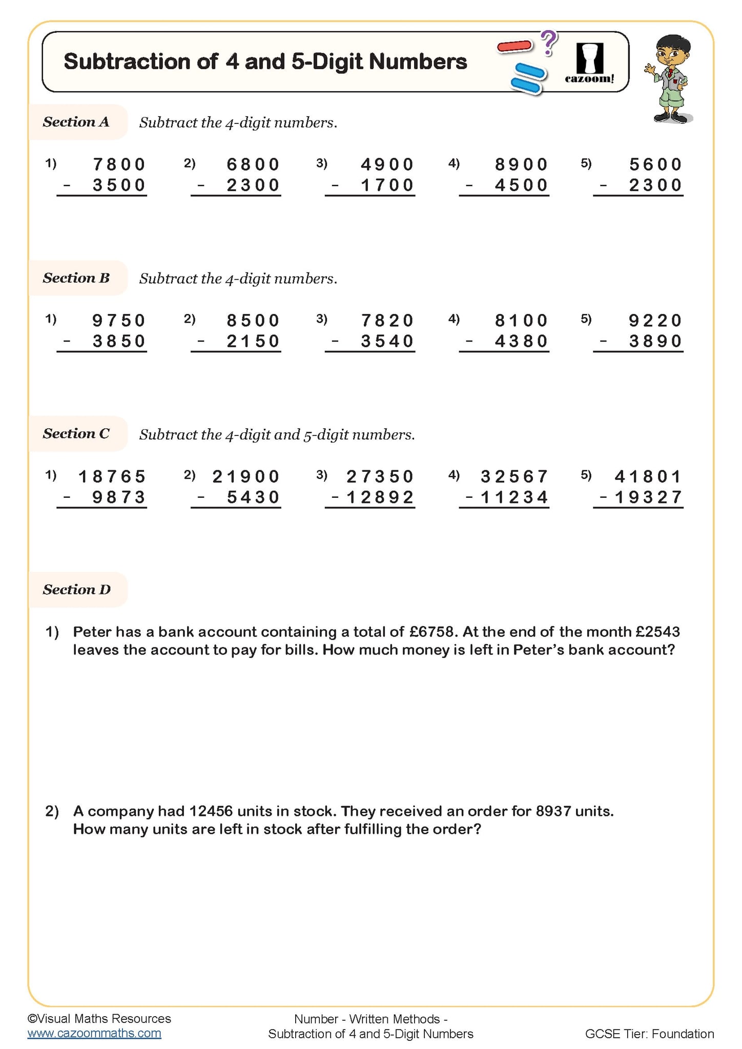 Subtraction of 4 and 5-digit Numbers Worksheet | Cazoom Maths Worksheets