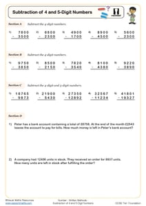 Subtraction of 4 and 5-digit Numbers Worksheet | Cazoom Maths Worksheets