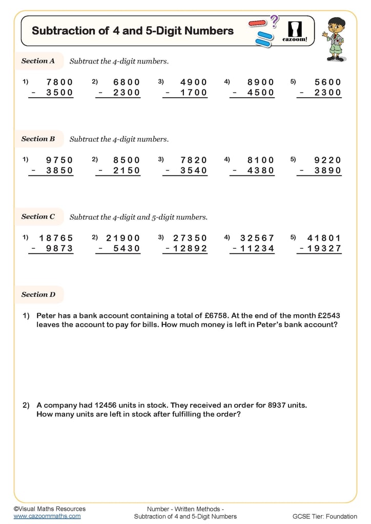 Subtraction of 4 and 5-digit Numbers Worksheet | Cazoom Maths Worksheets