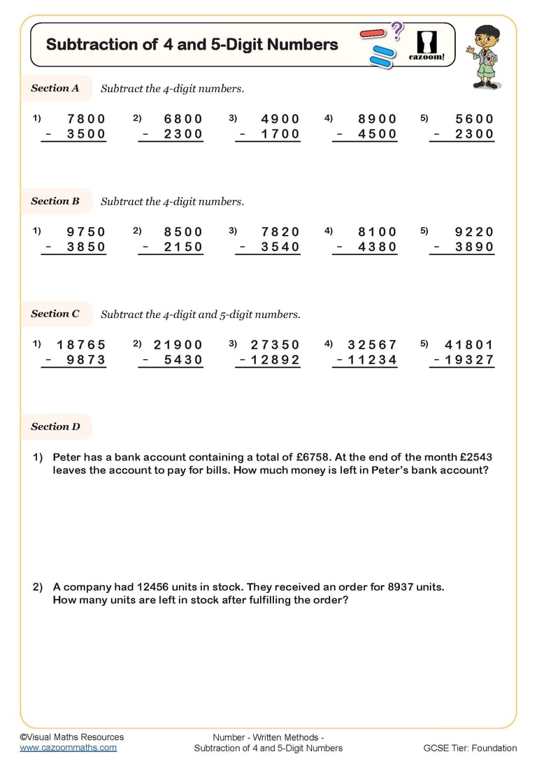 Subtraction of 4 and 5-digit Numbers Worksheet | Cazoom Maths Worksheets