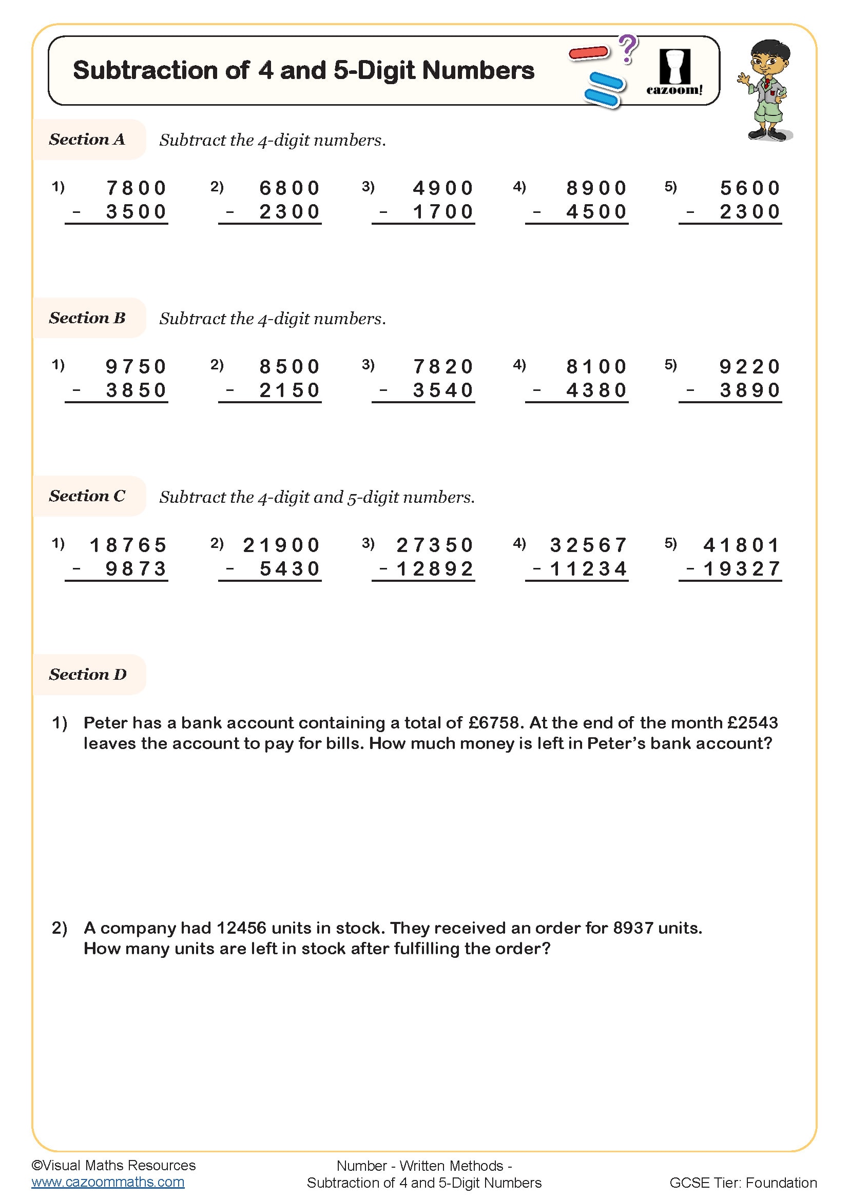 Addition of 4 and 5-digit Numbers Worksheet | Cazoom Maths Worksheets