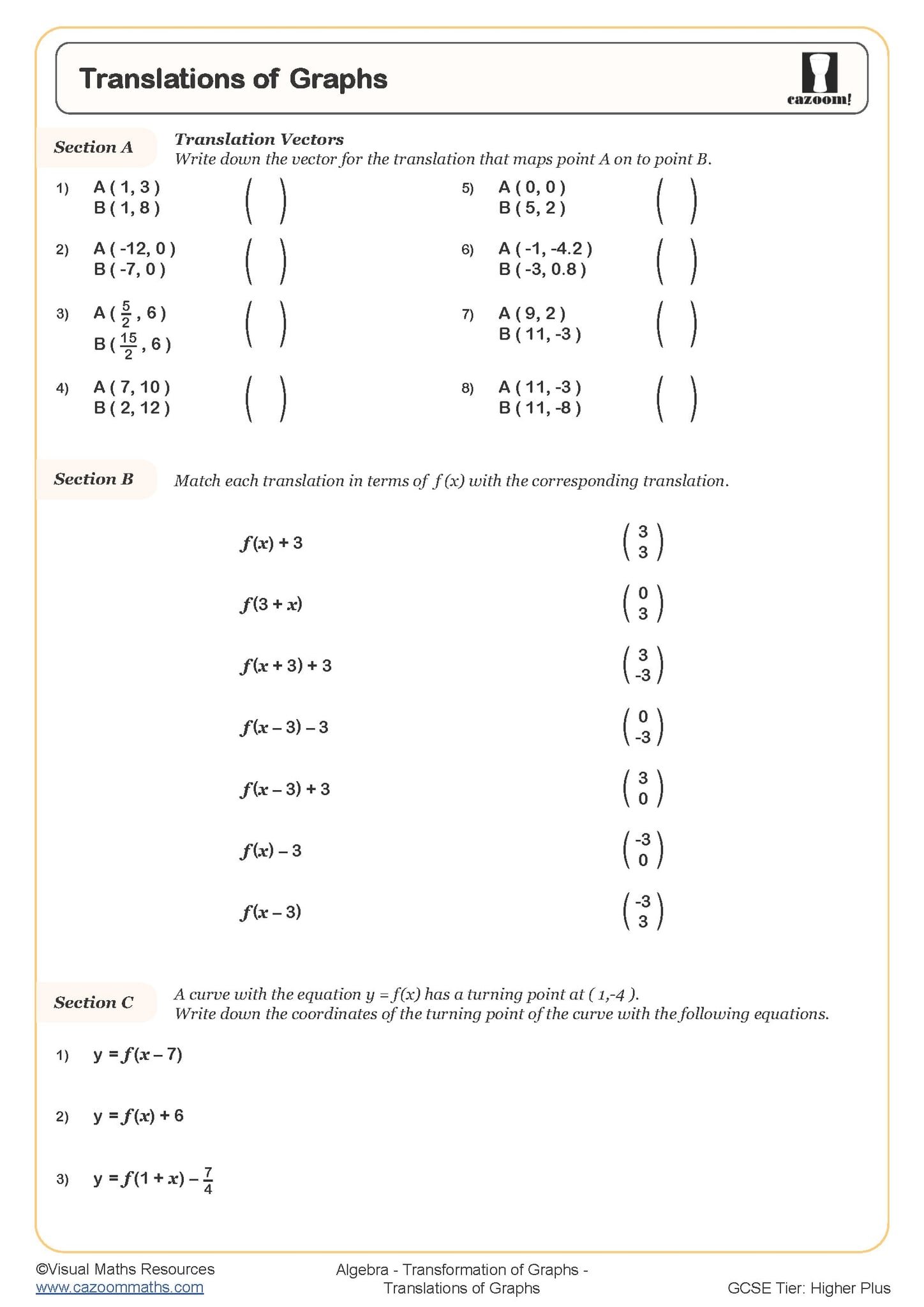 Translating Graphs Worksheet | Cazoom Maths Worksheets