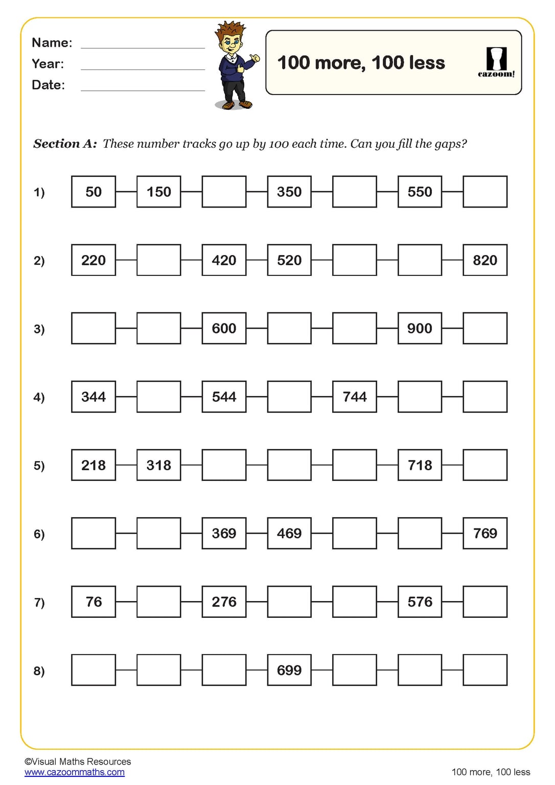 100 More 100 Less Worksheet | Key Stage 2 PDF Number Worksheets