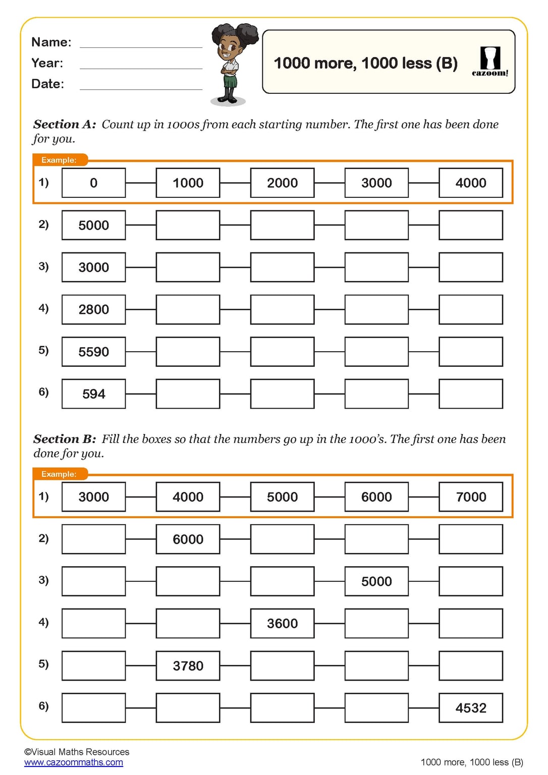 1000 More 1000 Less (A) Worksheet | Key Stage 2 PDF Number Worksheets