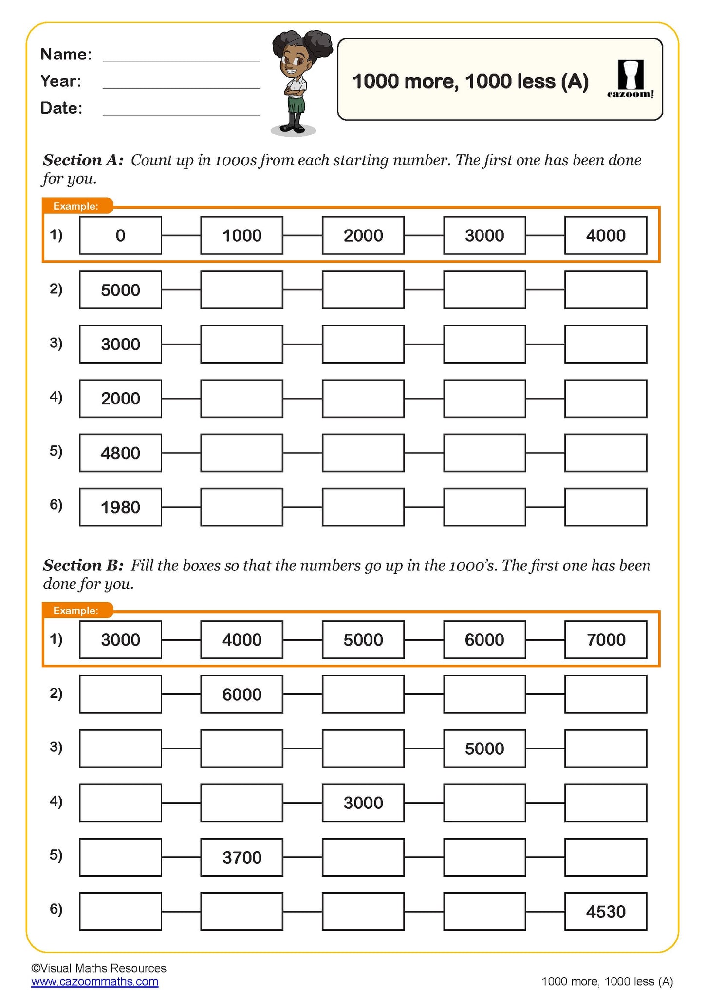 1000 More 1000 Less (A) Worksheet | Key Stage 2 PDF Number Worksheets