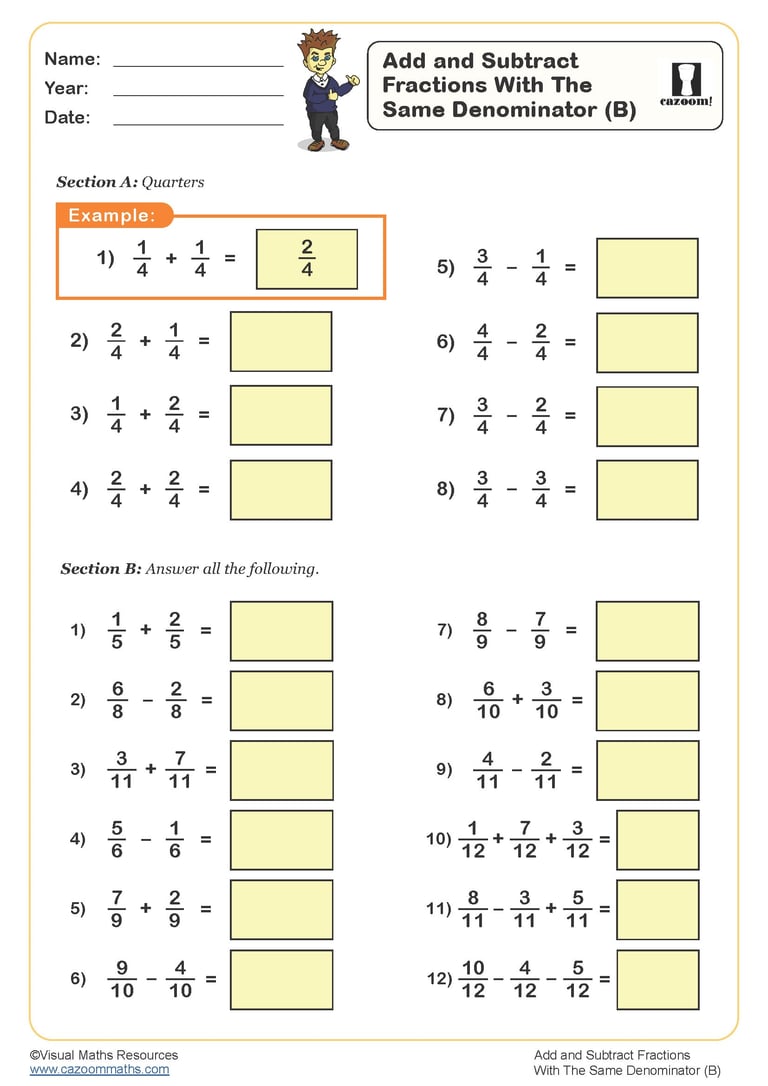 Add and Subtract Fractions (A) Worksheet | PDF printable Number Worksheets