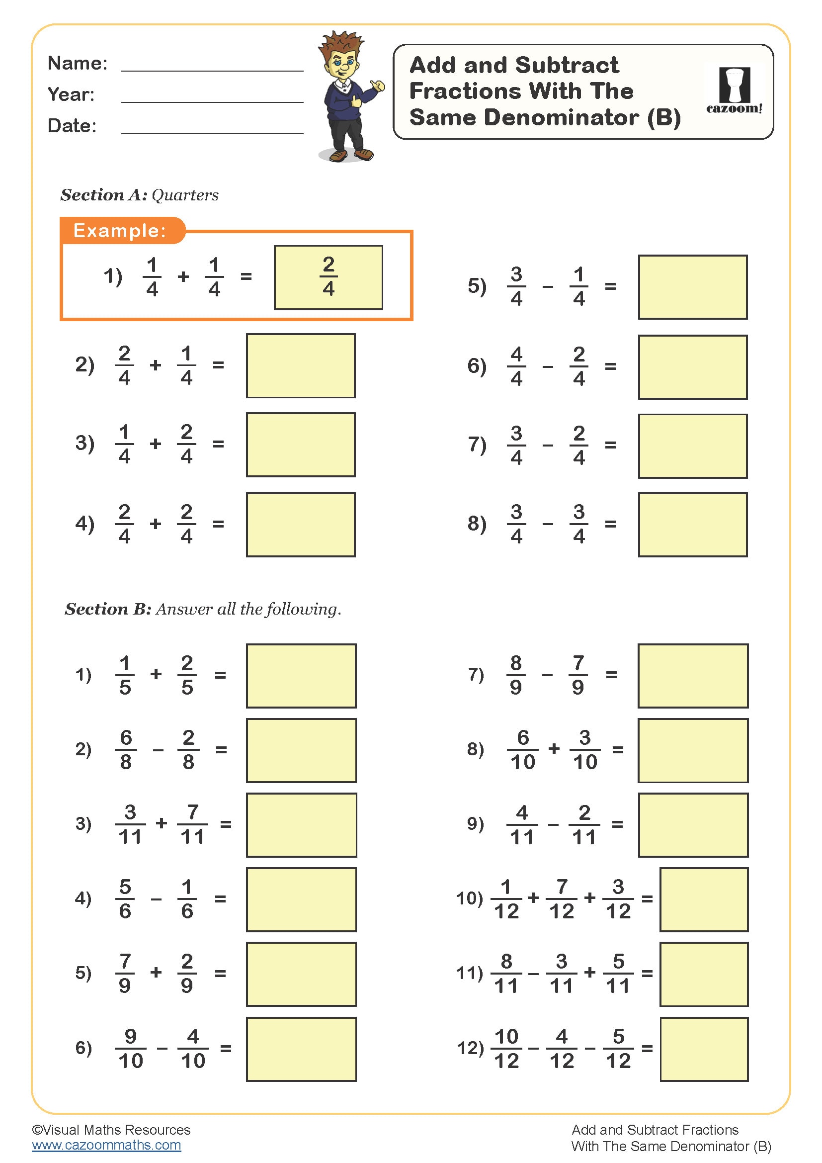 Add and Subtract Fractions (B) Worksheet | Fun and Engaging Year 3 PDF ...