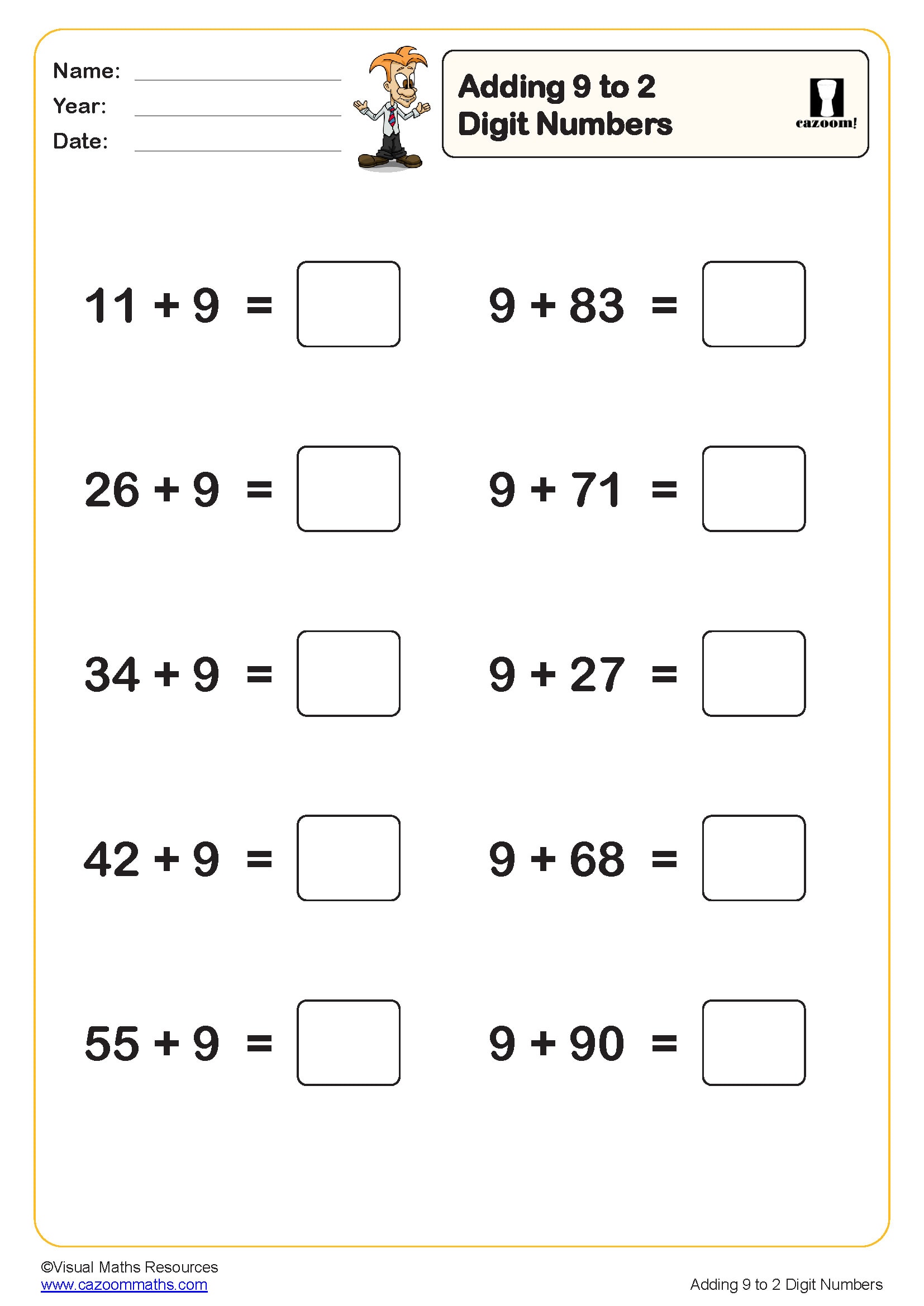 Adding 9 to 2 digit numbers Worksheet (10 questions) | PDF printable ...
