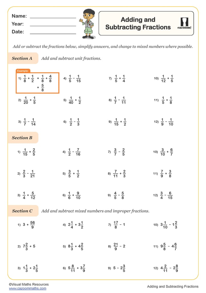 Adding And Subtracting Fractions Worksheet PDF Printable Number
