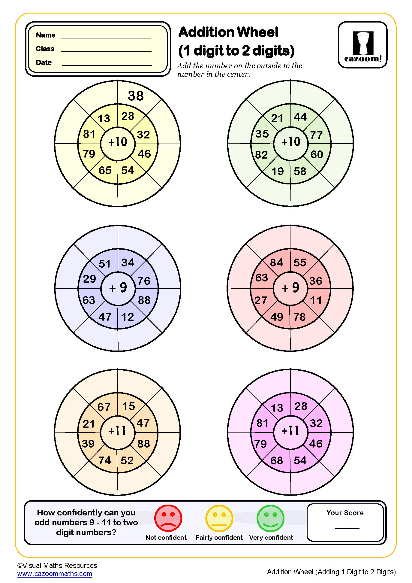 Addition Wheel Worksheet adding 9 11 To 2 Digits PDF Printable