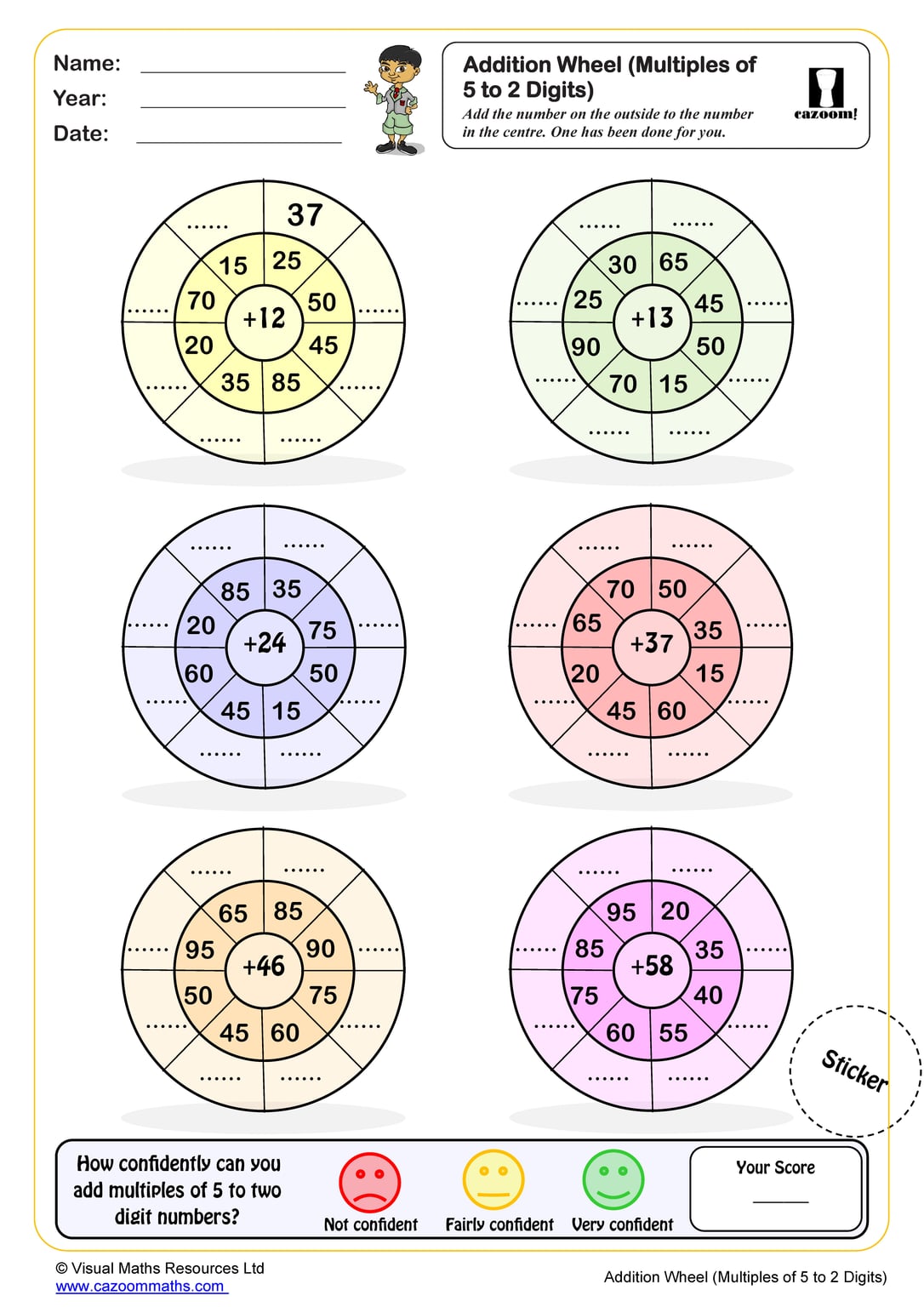 Addition wheels Worksheet (multiples of 5 to 2 digits) | PDF printable ...
