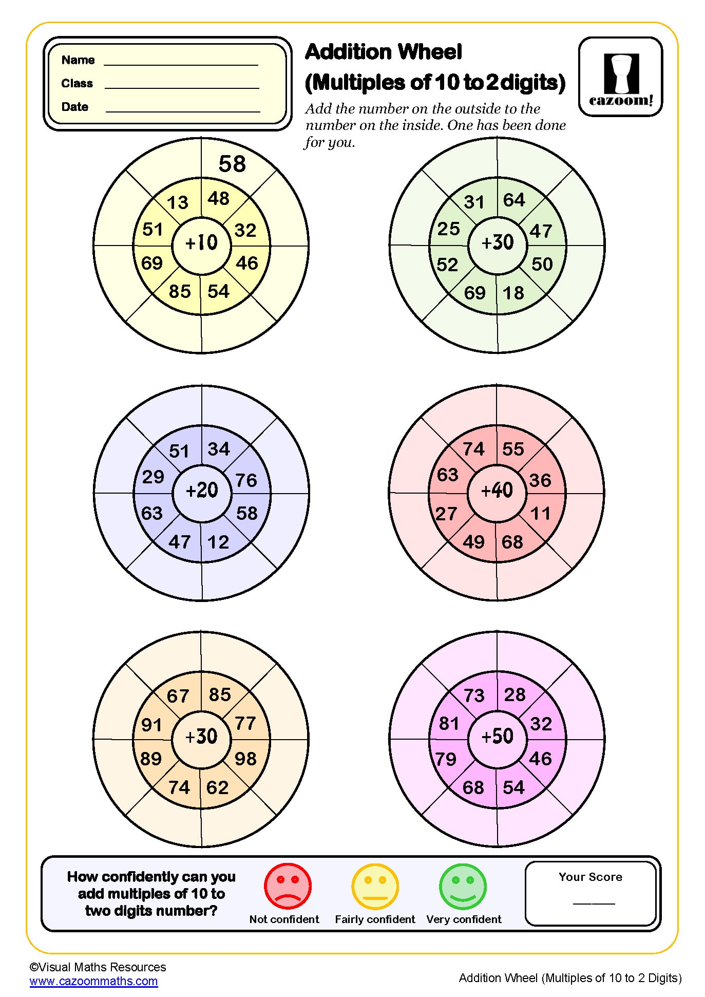 Addition Wheels Worksheet (adding multiples of 10 to 2 digits) | Key ...