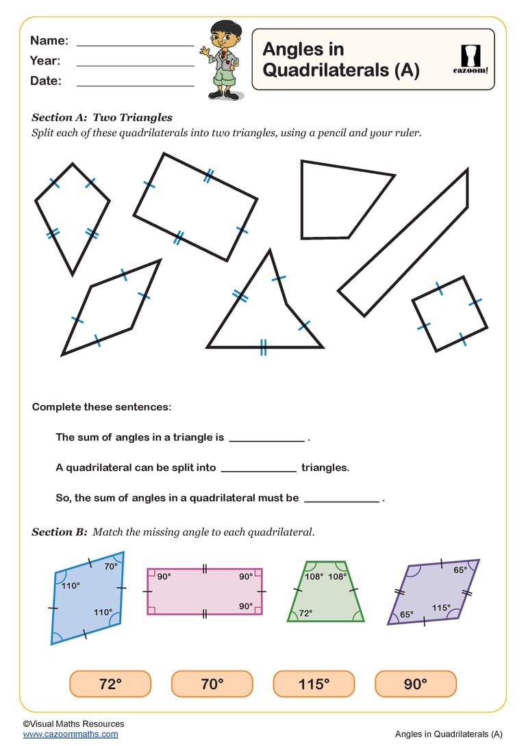 Angles in Quadrilaterals (A) Worksheet | PDF printable Geometry Worksheets