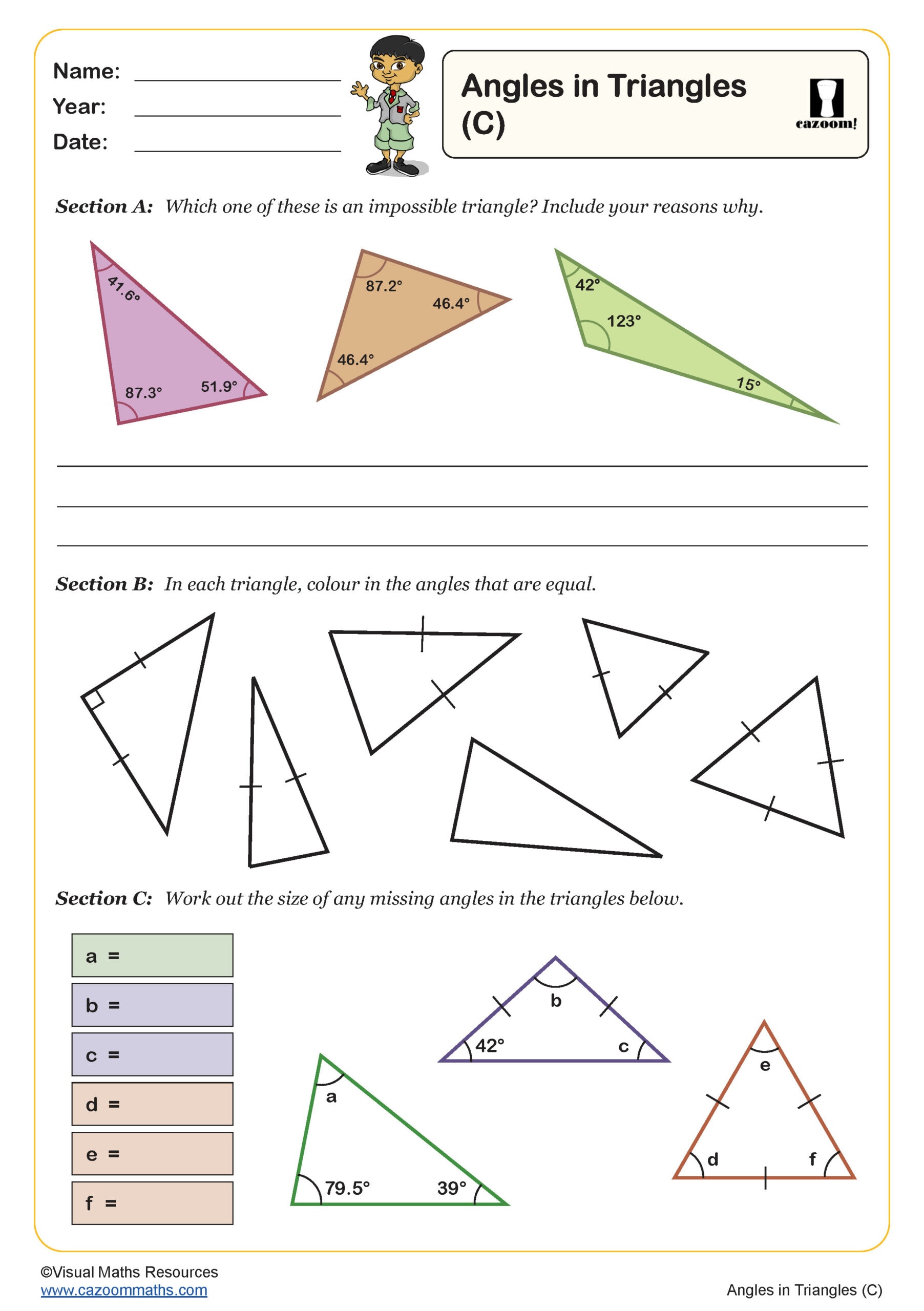 Angles in Triangles (D) Worksheet | Key Stage 2 PDF Geometry Worksheets