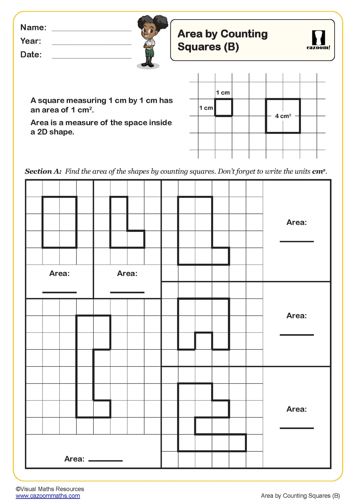 Area by Counting Squares (A) Worksheet | PDF printable Measurement ...