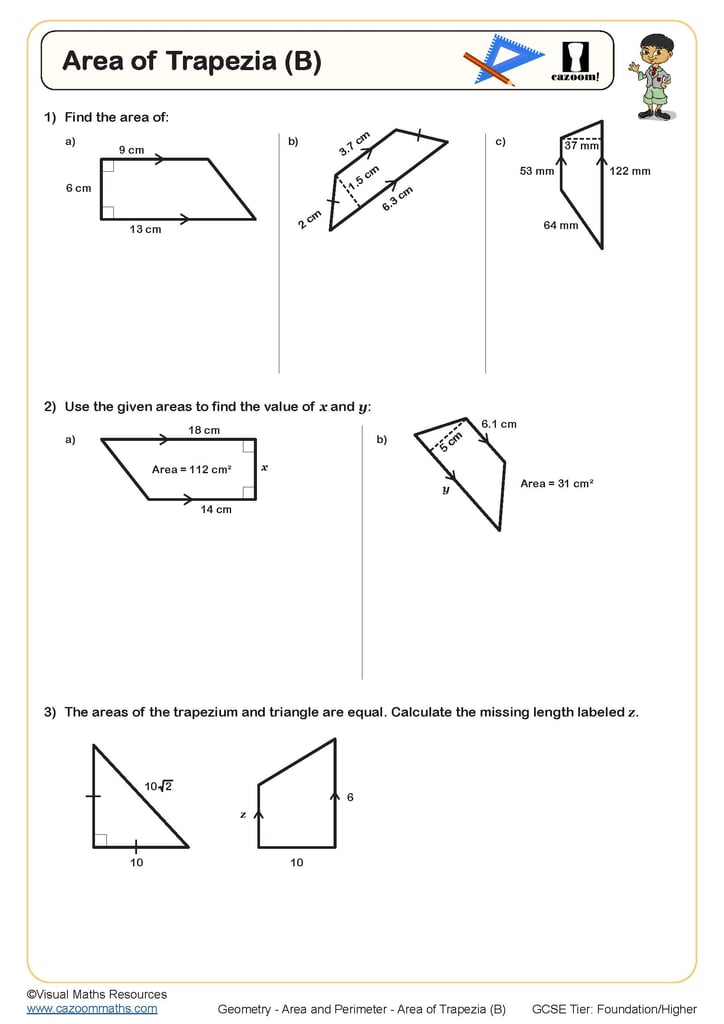 Area of Trapezia (A) Worksheet | PDF Printable Worksheet
