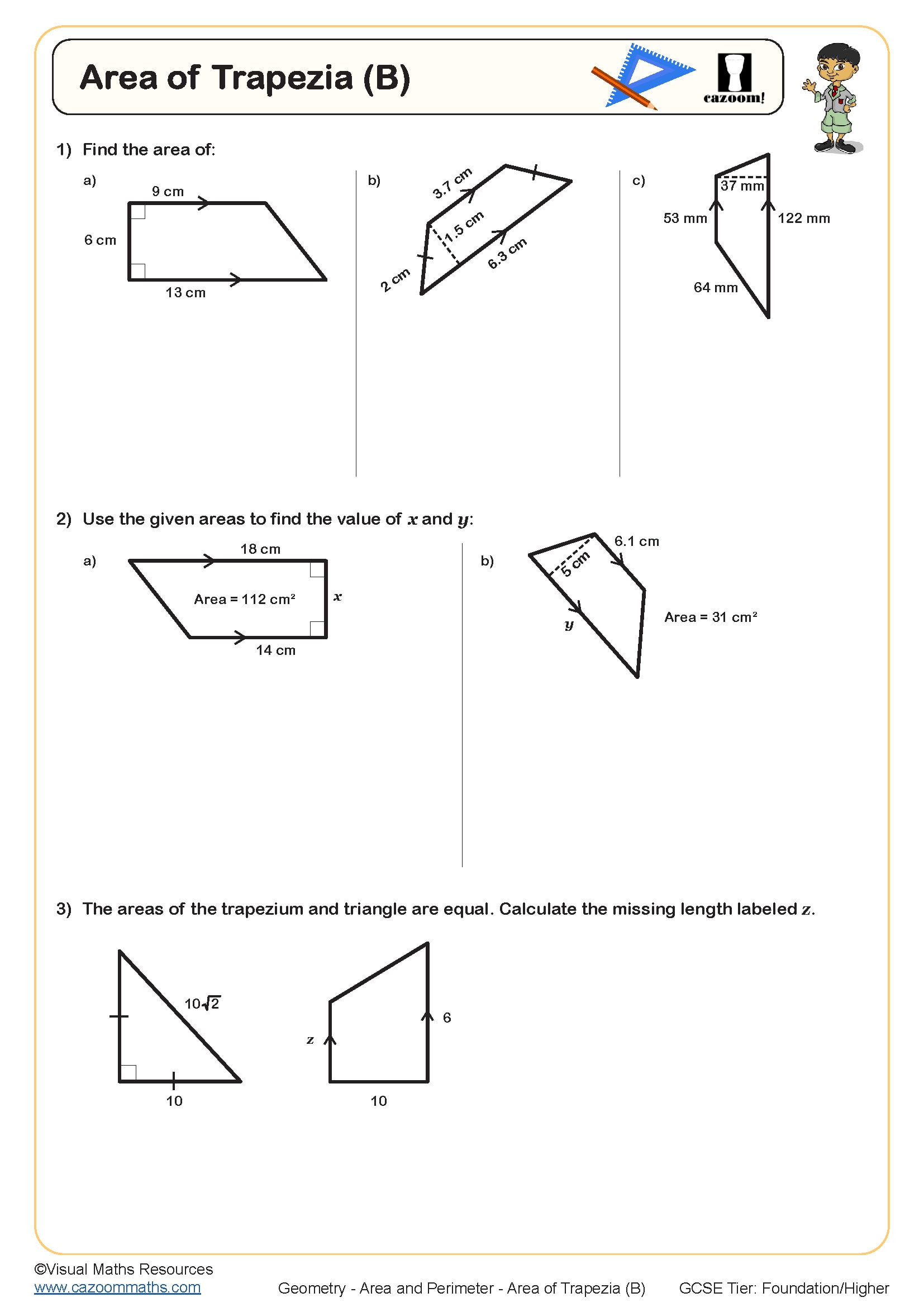 Area of Trapezia (A) Worksheet | PDF Printable Worksheet