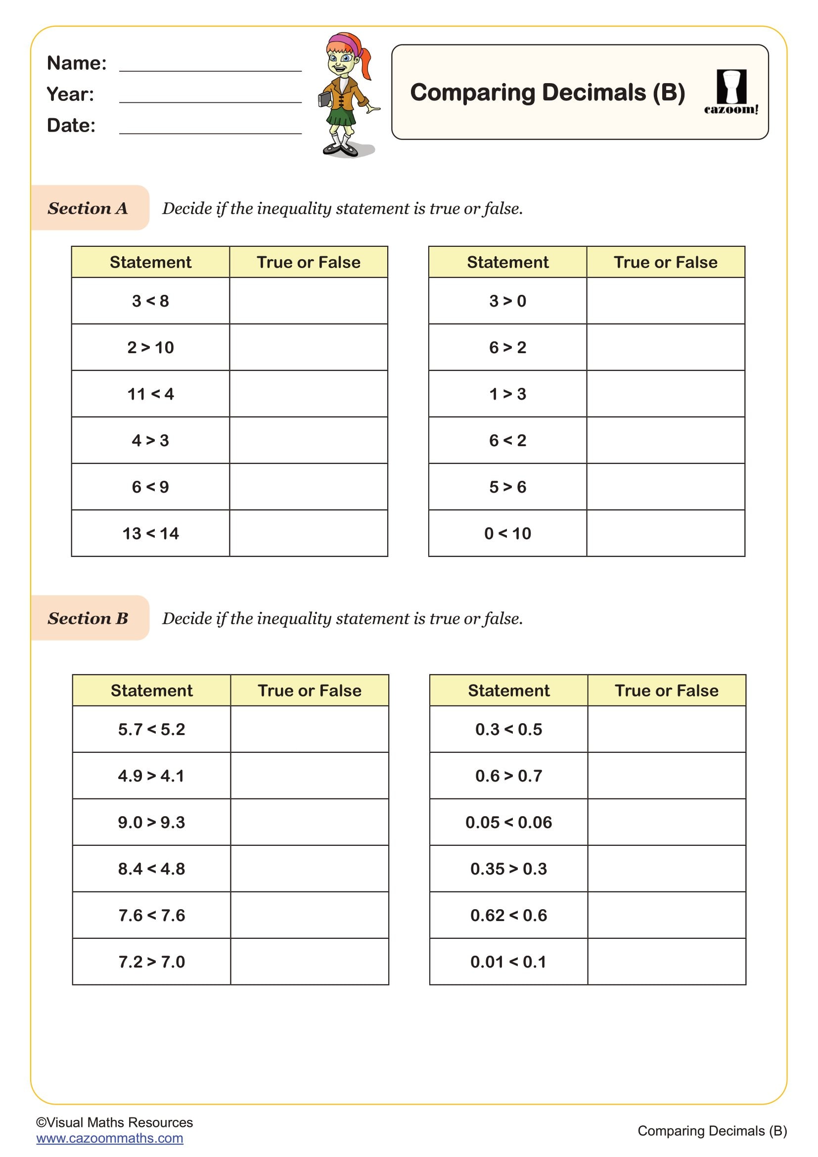 Comparing Decimals (B) Worksheet | Fun and Engaging Year 5 PDF Worksheets