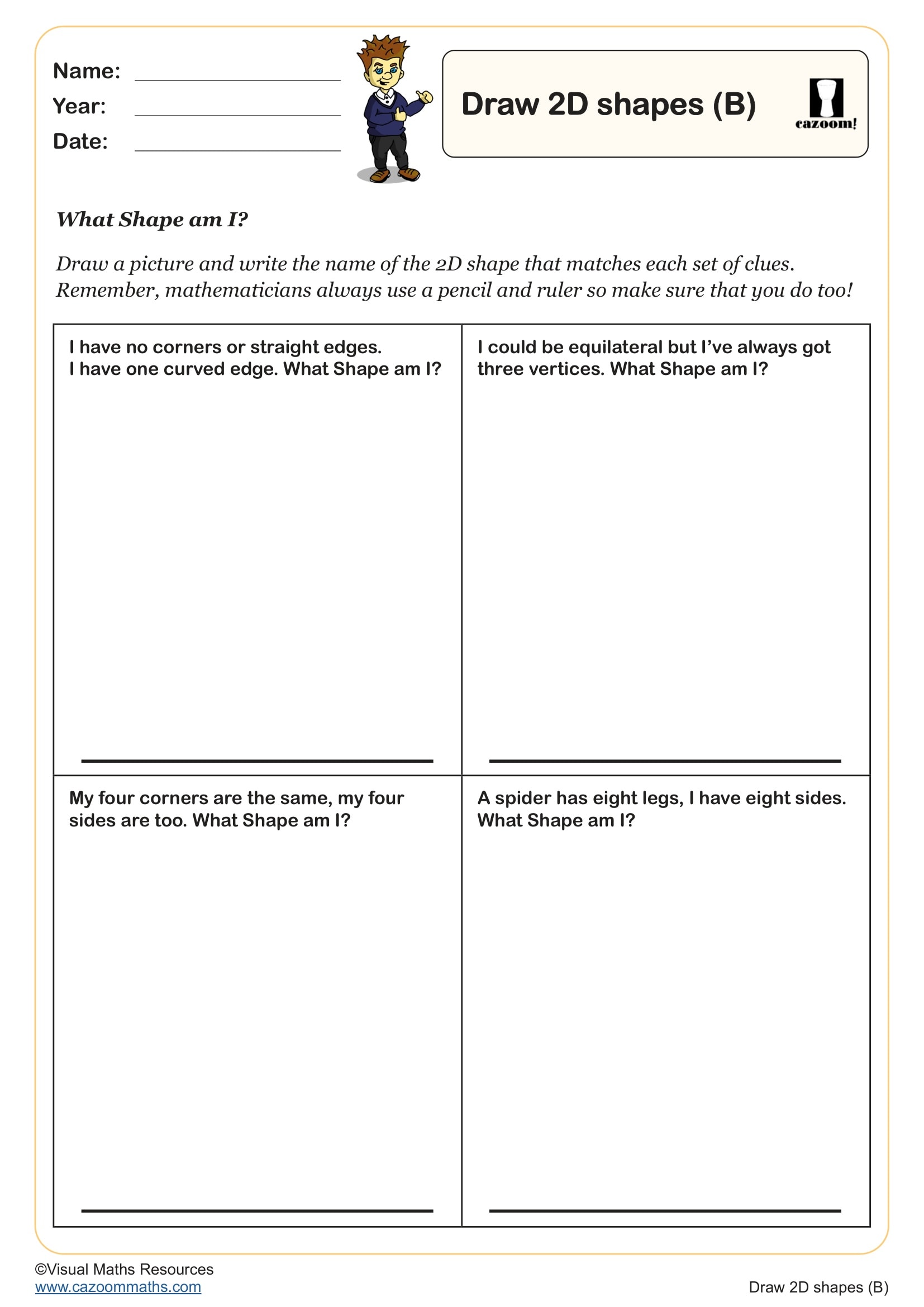 Draw 2D Shapes (A) | Printable PDF Year 1 Geometry Worksheet