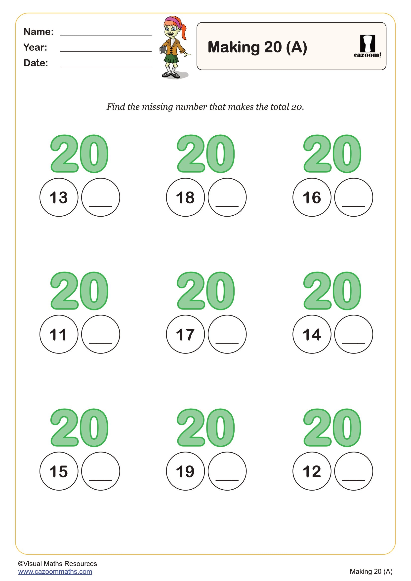 Number Bonds to 20 Worksheets - Printable Worksheet Number Bonds to 20 ...