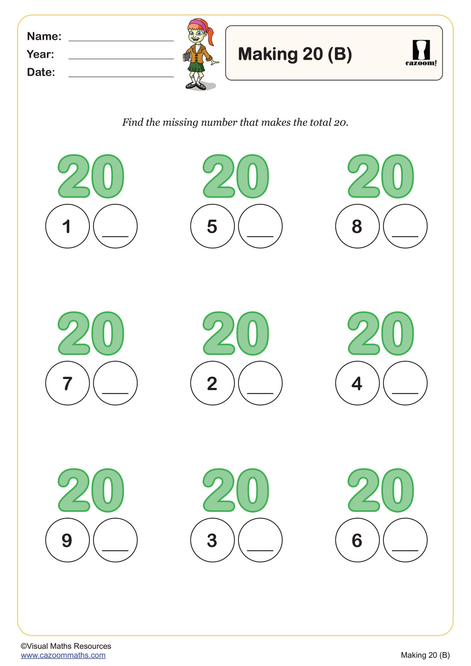 Year 2 Number bonds up to 20 Worksheets | PDF Printable Worksheets