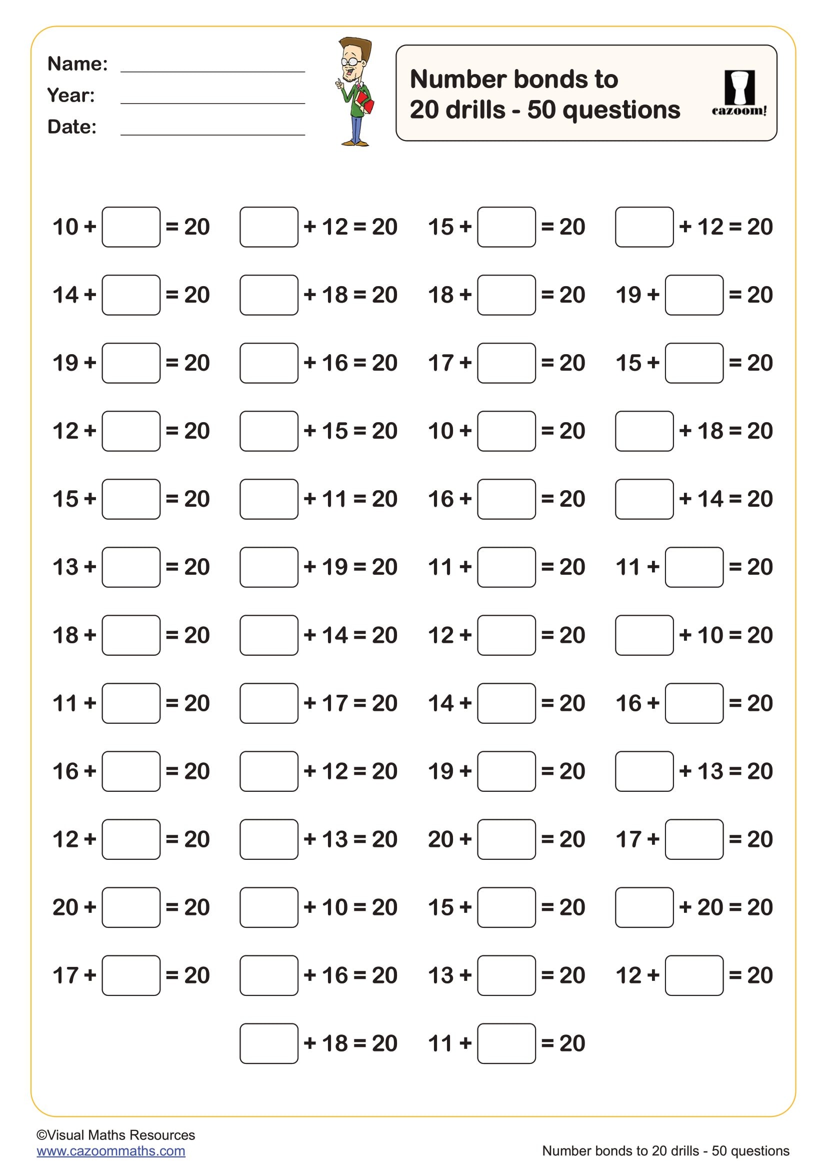 Number Bonds to 20 drills Worksheet (50 questions) | Key Stage 1 PDF ...