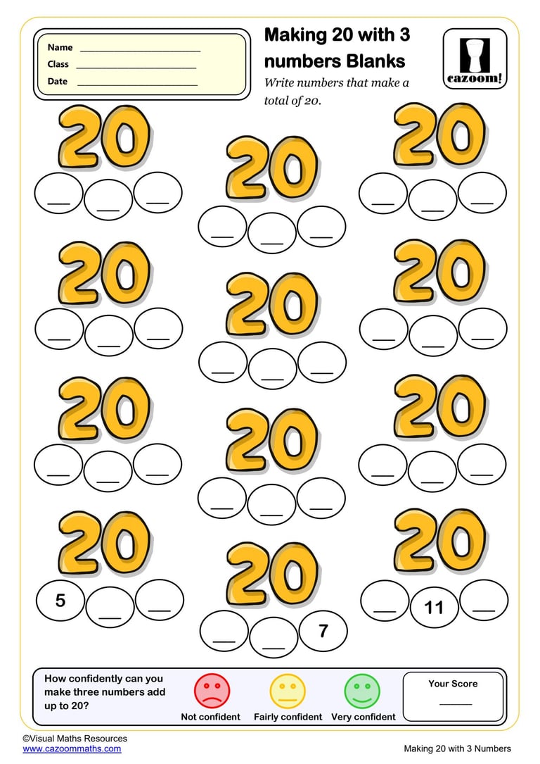 Making 20 with three numbers Worksheet (Blanks) | PDF printable ...