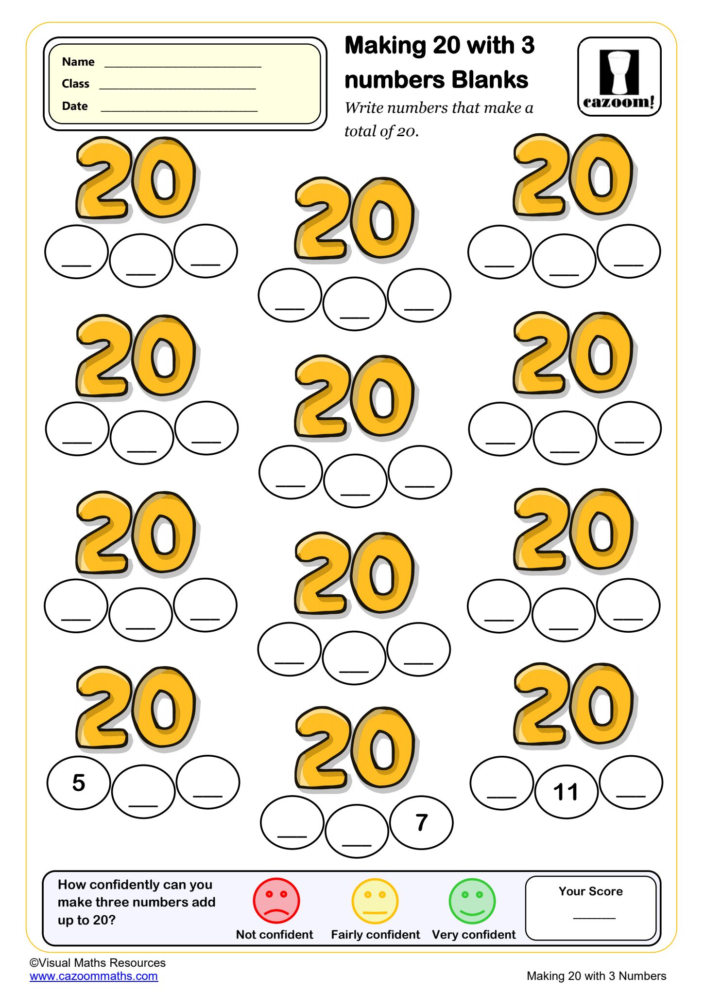 Making 20 with three numbers Worksheet | Fun and Engaging Year 1 PDF ...